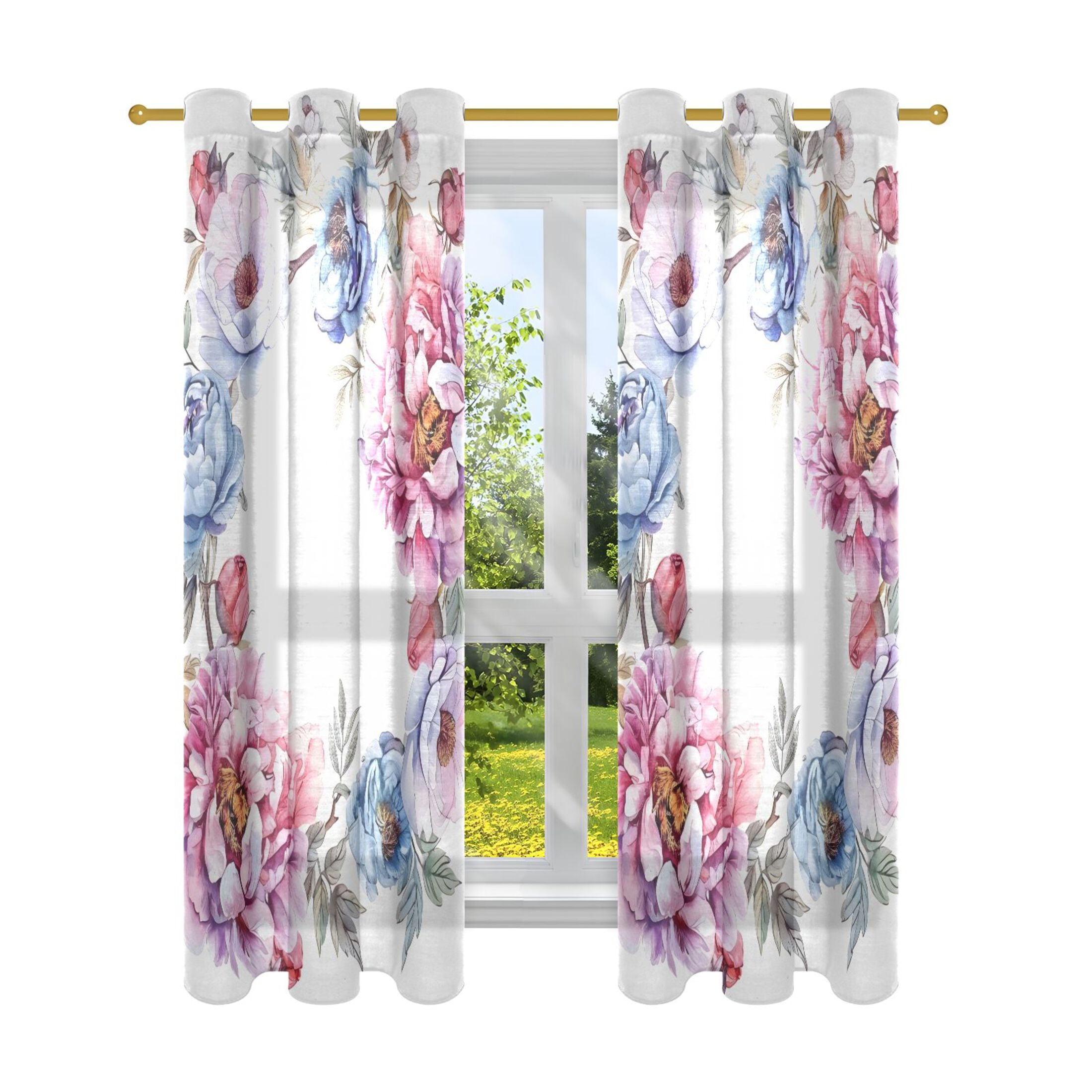 Floral Wreath Faux Linen Curtains Semi Sheer 2 Panels Voile Sheer ...