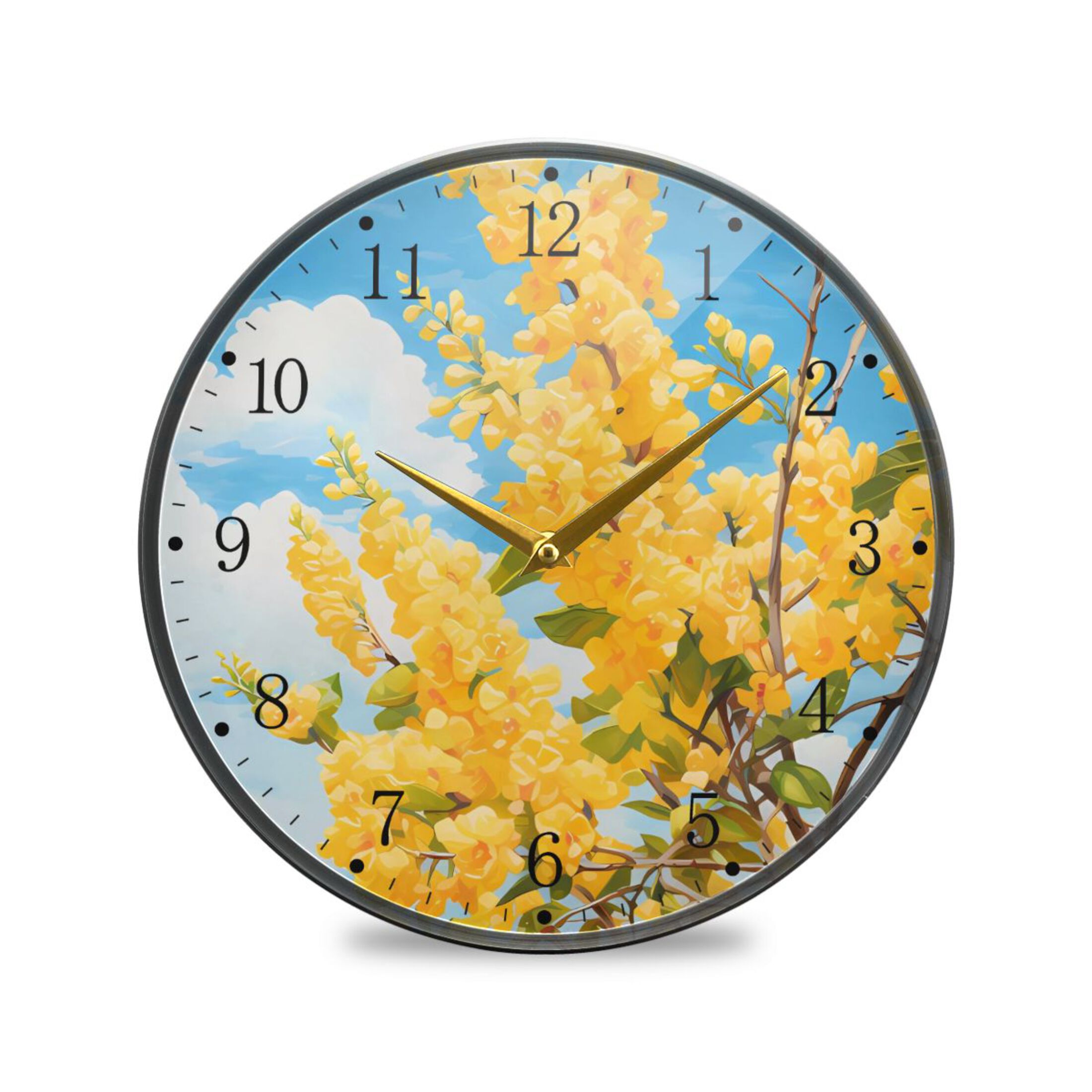 Floral Yellow Acrylic Wall Clocks Quiet Round Clock Battery Operated ...