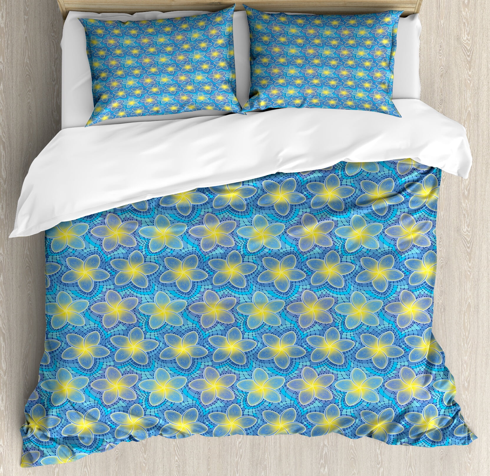 Floral Yellow Duvet Cover Set, Exotic Dot Plumeria Petals on Mosaic ...