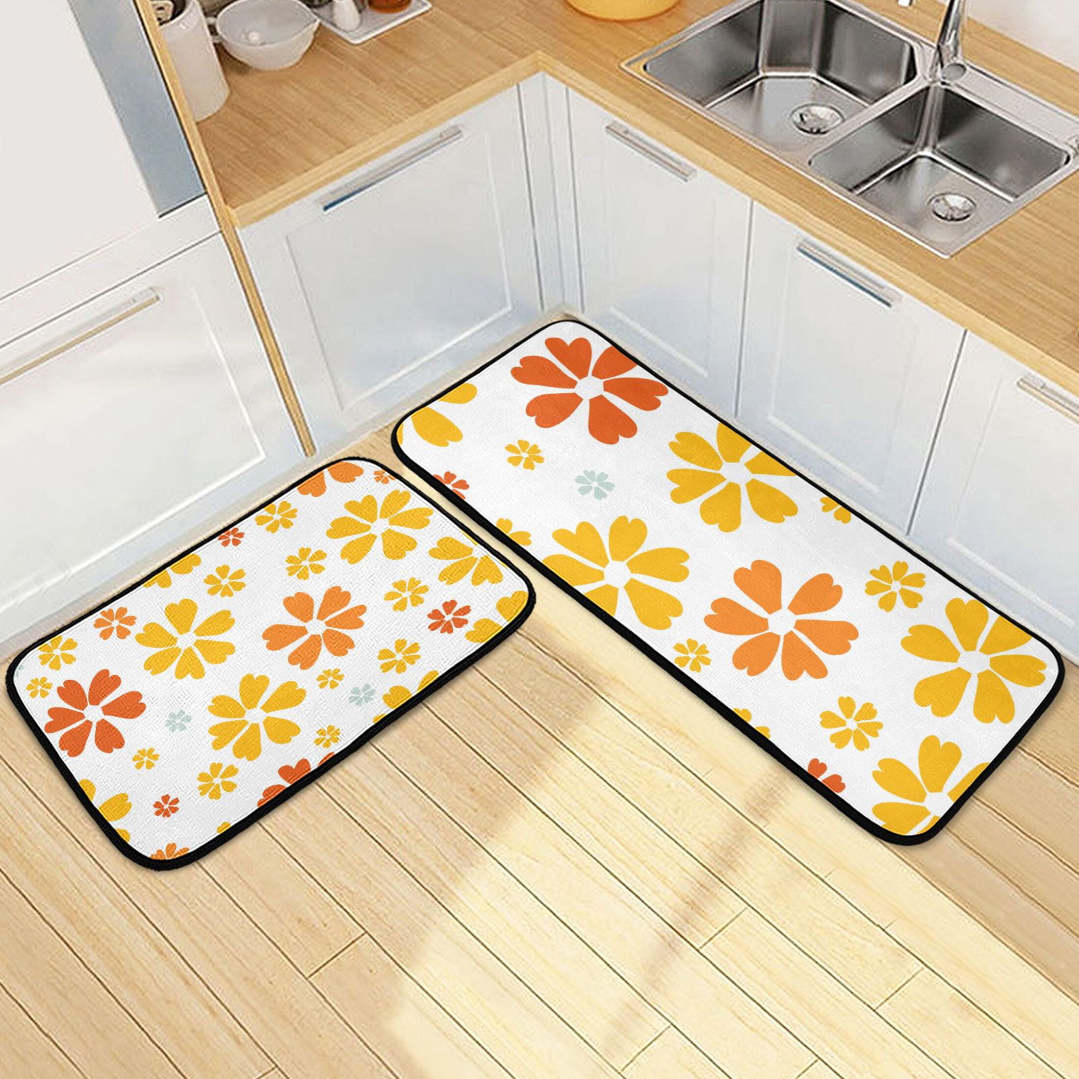 Floral Yellow Flowers Kitchen Mats Set 2 Piece Non Slip Floor Foam Rugs ...