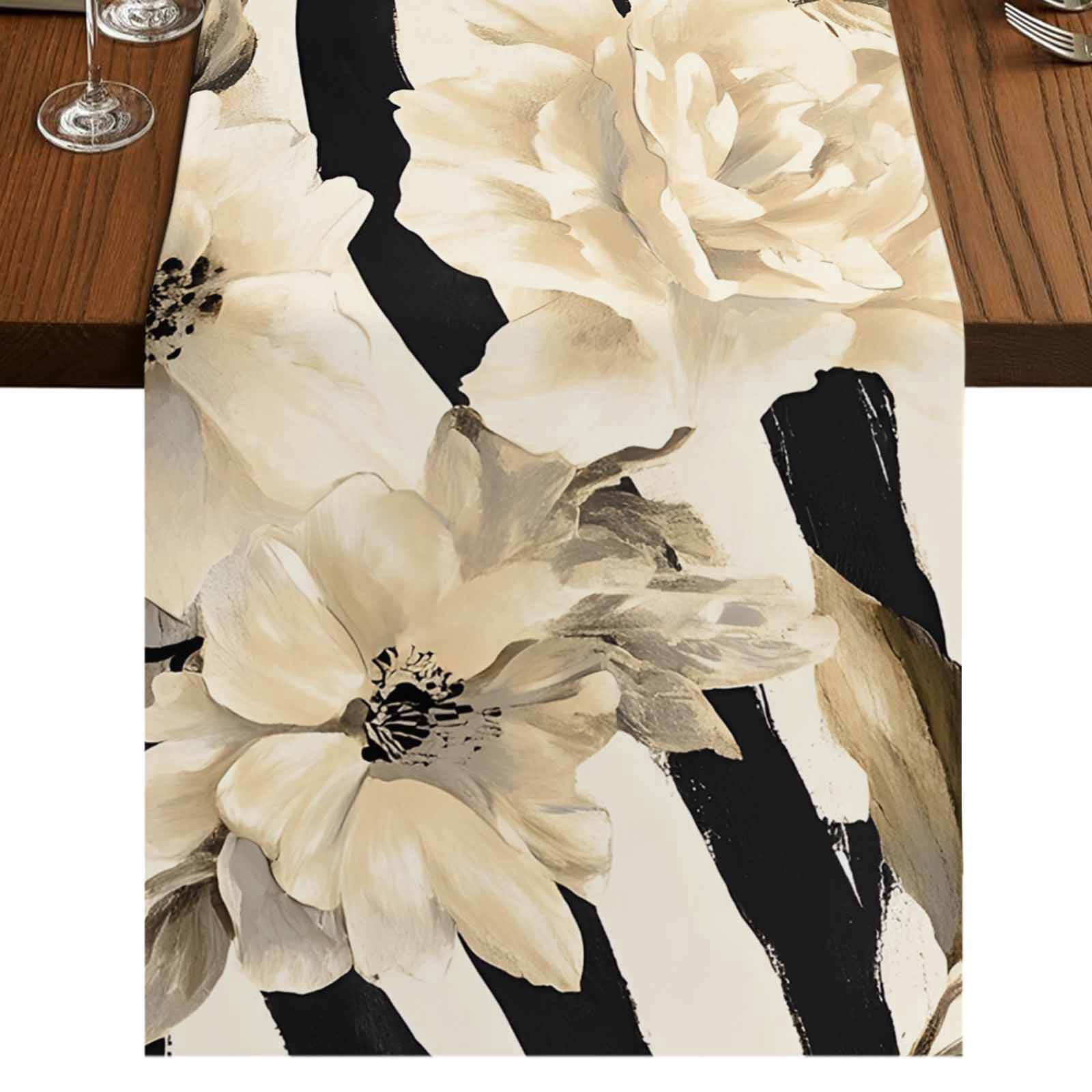 Floral Zebra 90 Inch Table Runner, Black Stripes Flowers Plant Spring ...