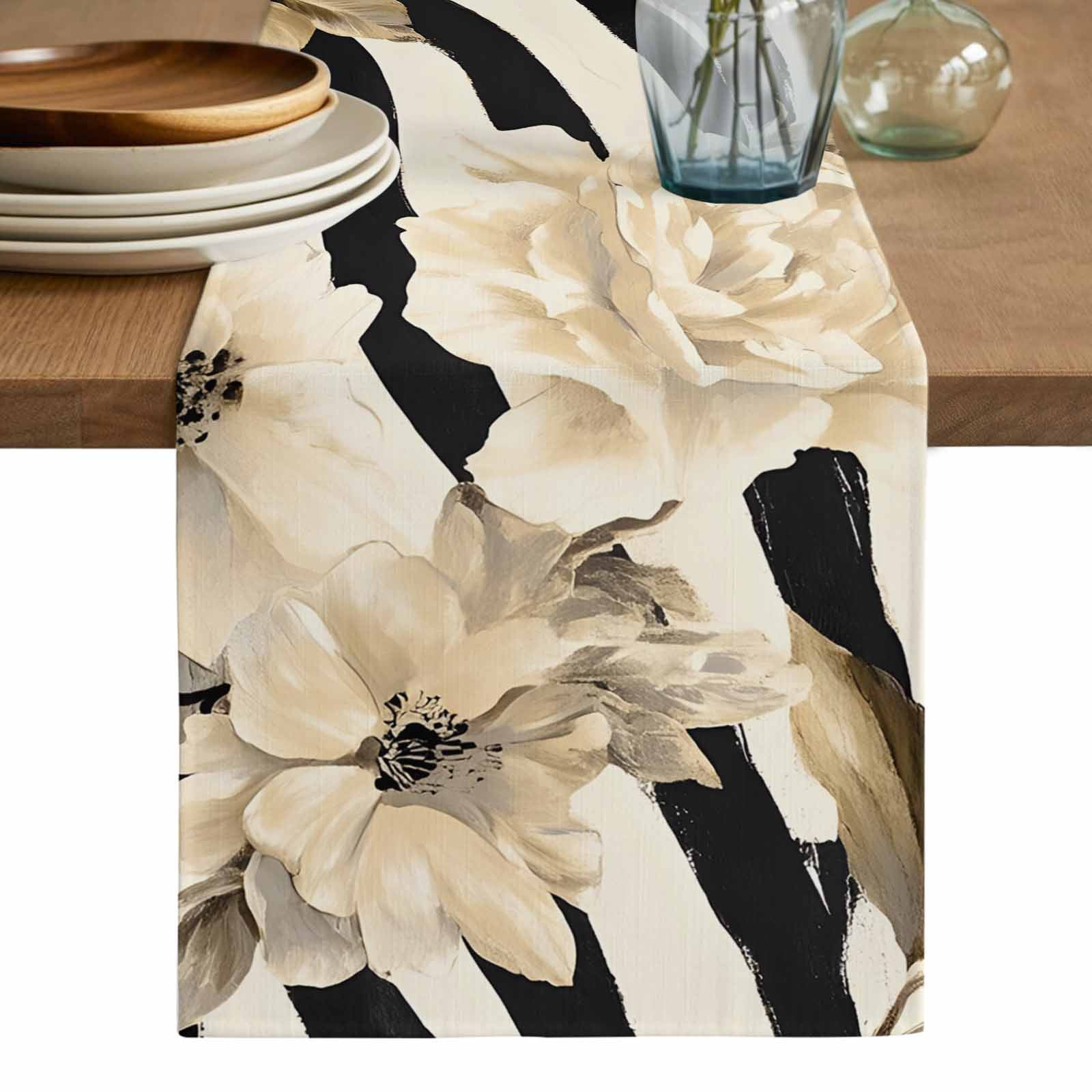 Floral Zebra Table Runner, Black Stripes Flowers Plant Spring Botanical ...