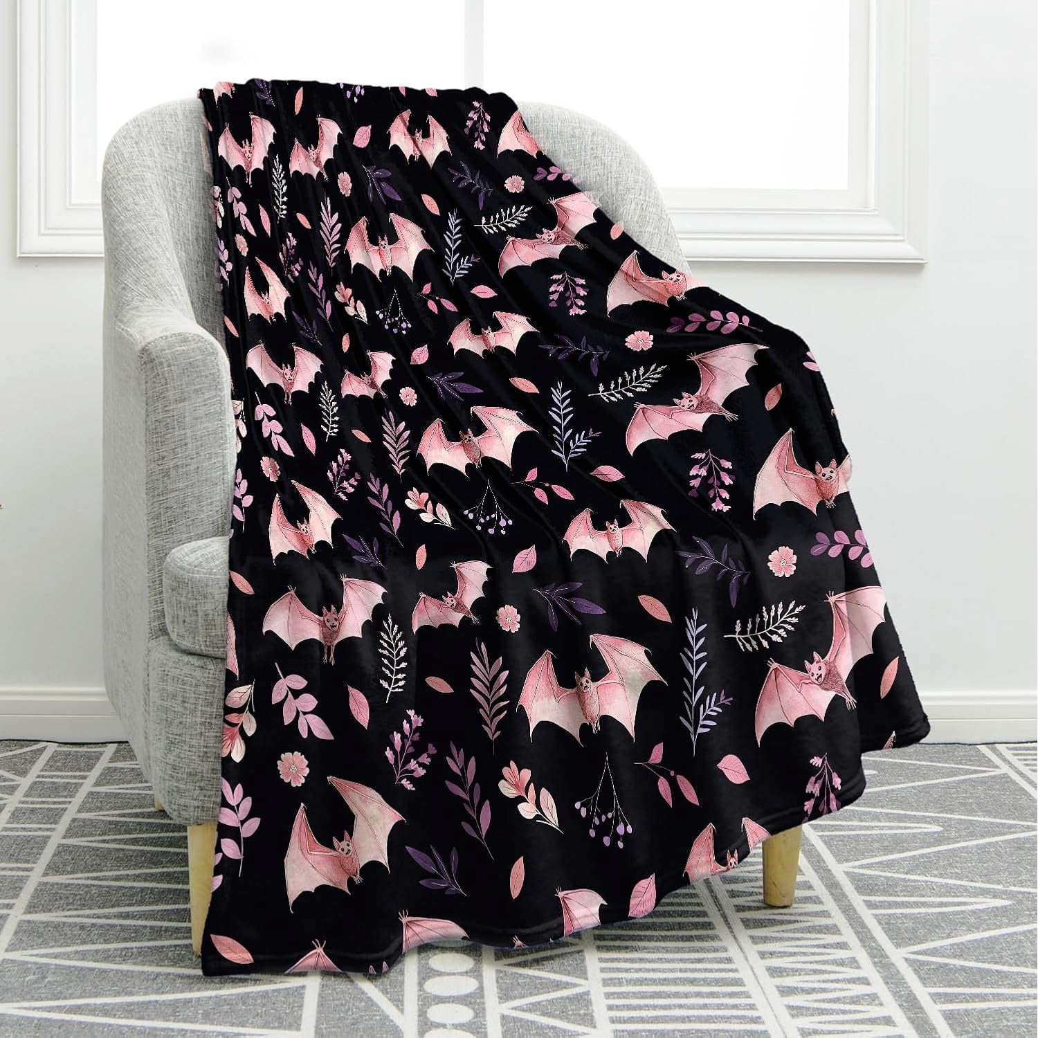 Floral and Bat Throw Blanket Gifts for Adult Kids, Gothic Blankets for ...