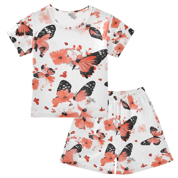 Floral and Butterfly Design Summer Pajama Set Soft Cotton Short Sleeve ...