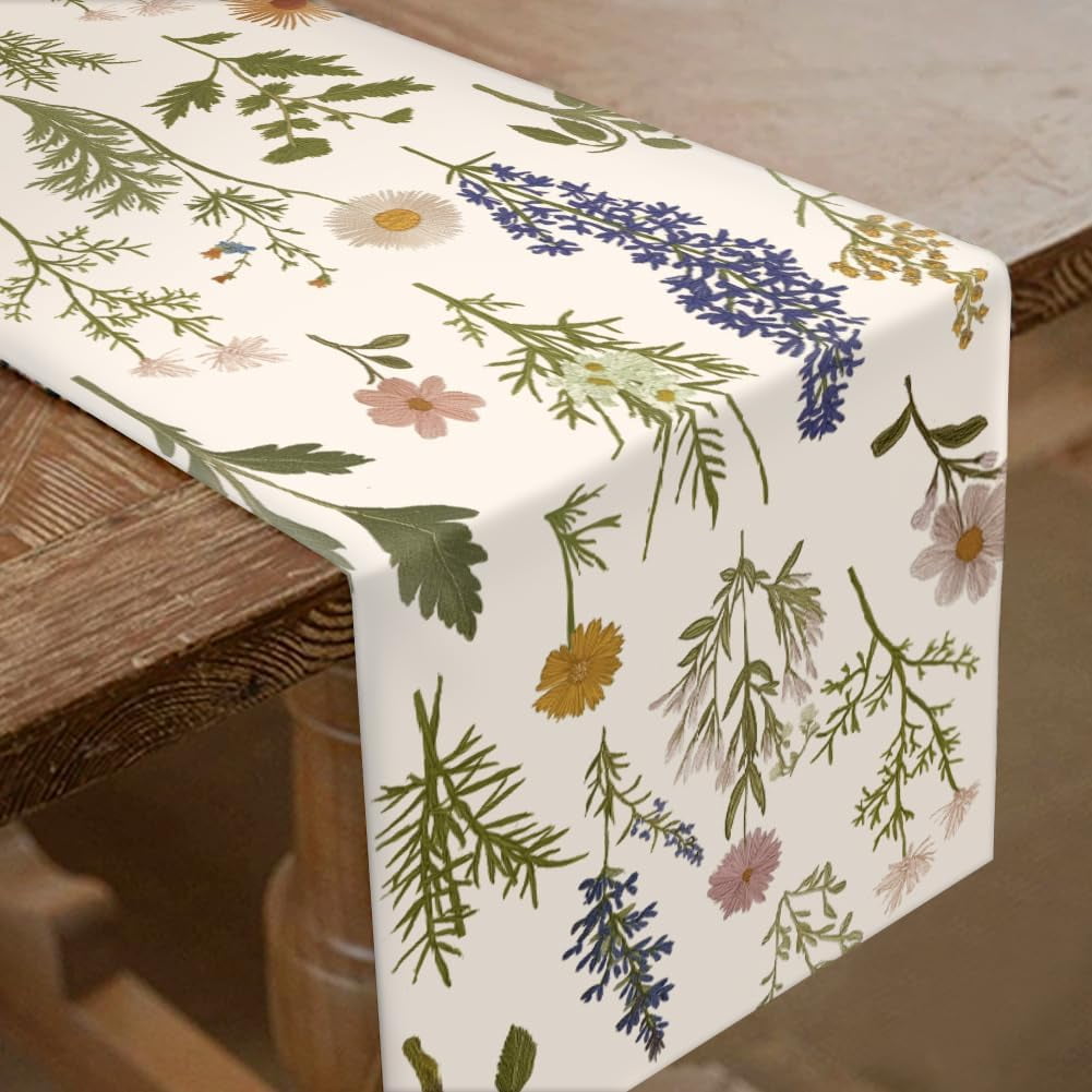 Floral and Herb Thick Table Runner Grass and Flower Table Decor Spring ...