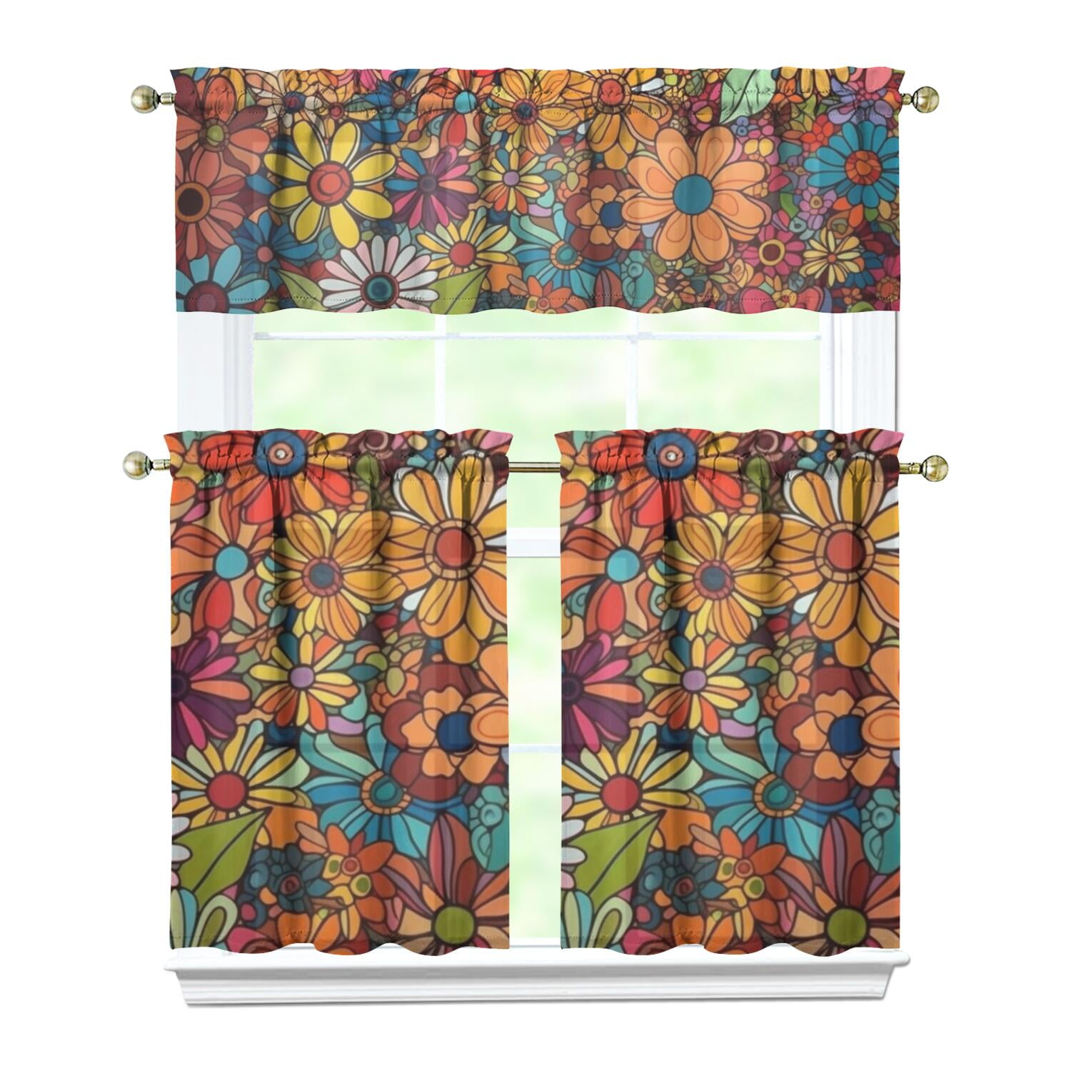 Floral and Hummingbird Kitchen Curtains Set of 3 with Valance and Tier ...