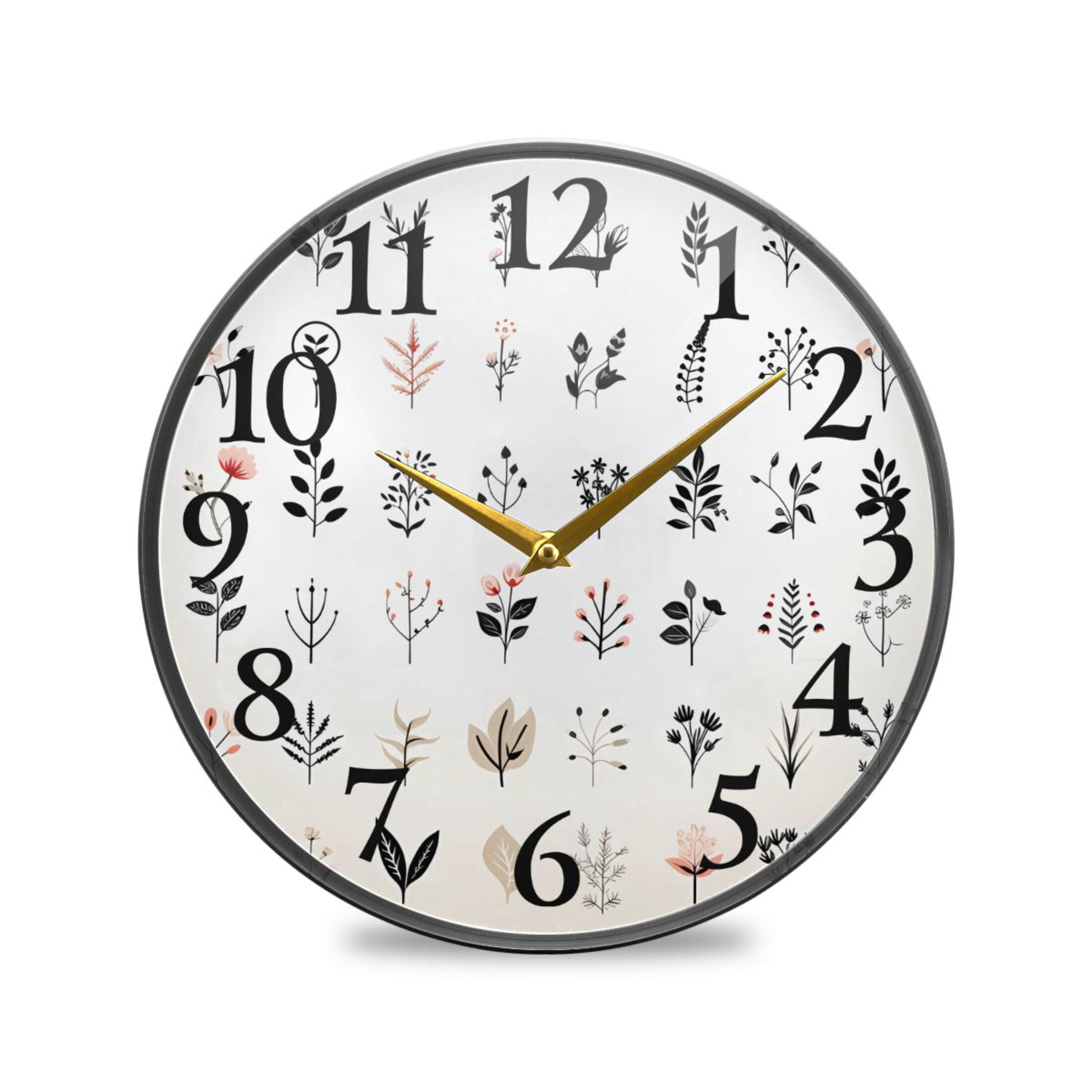 Floral and Leaves Wall Clocks Battery Operated 11.9 Inch Round Clock ...