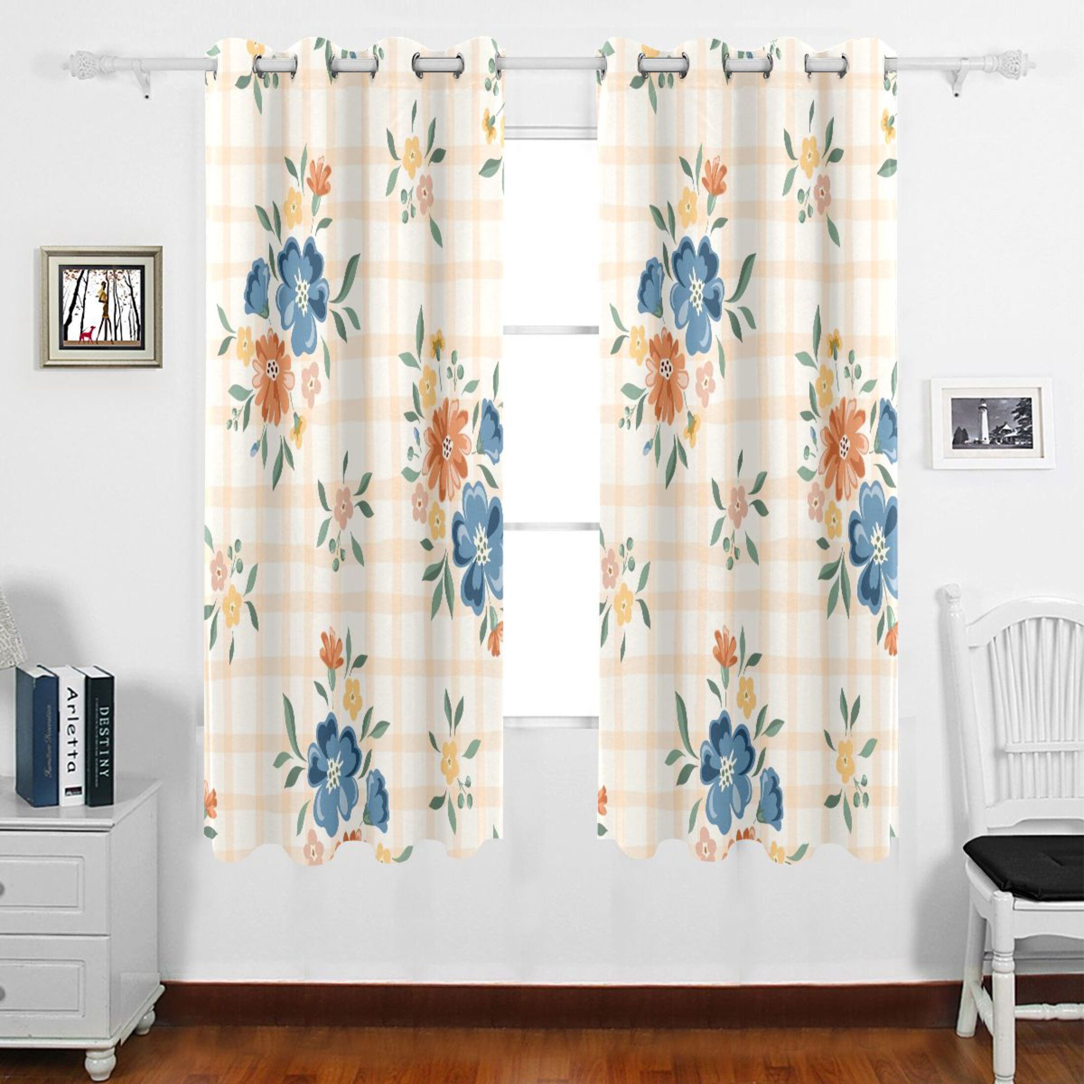 Floral and Plaid Grommet Blackout Curtains Thermal Insulated Window Curtain Sets for Bedroom ...