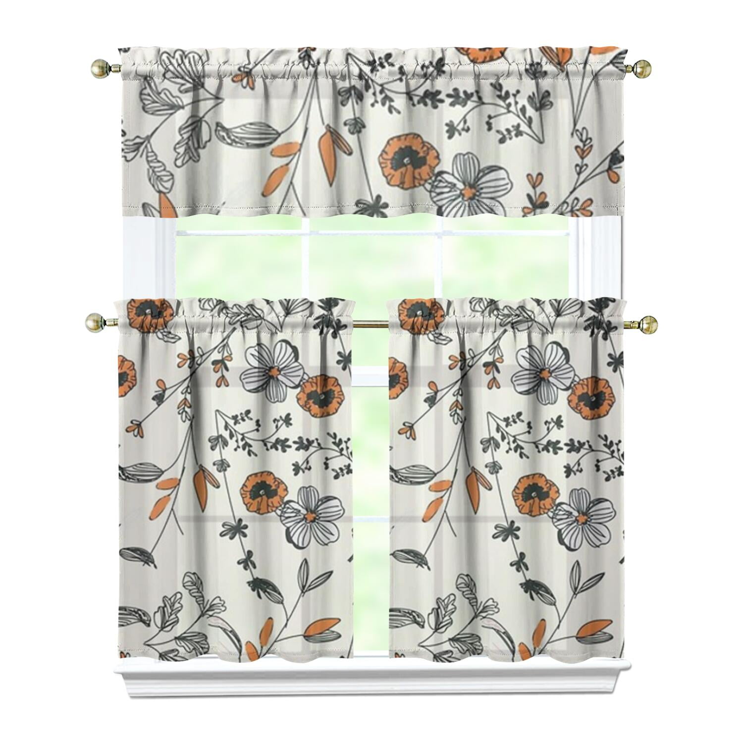 Floral and Skull Kitchen Curtains 3-Piece Set Semi-Sheer Farmhouse ...