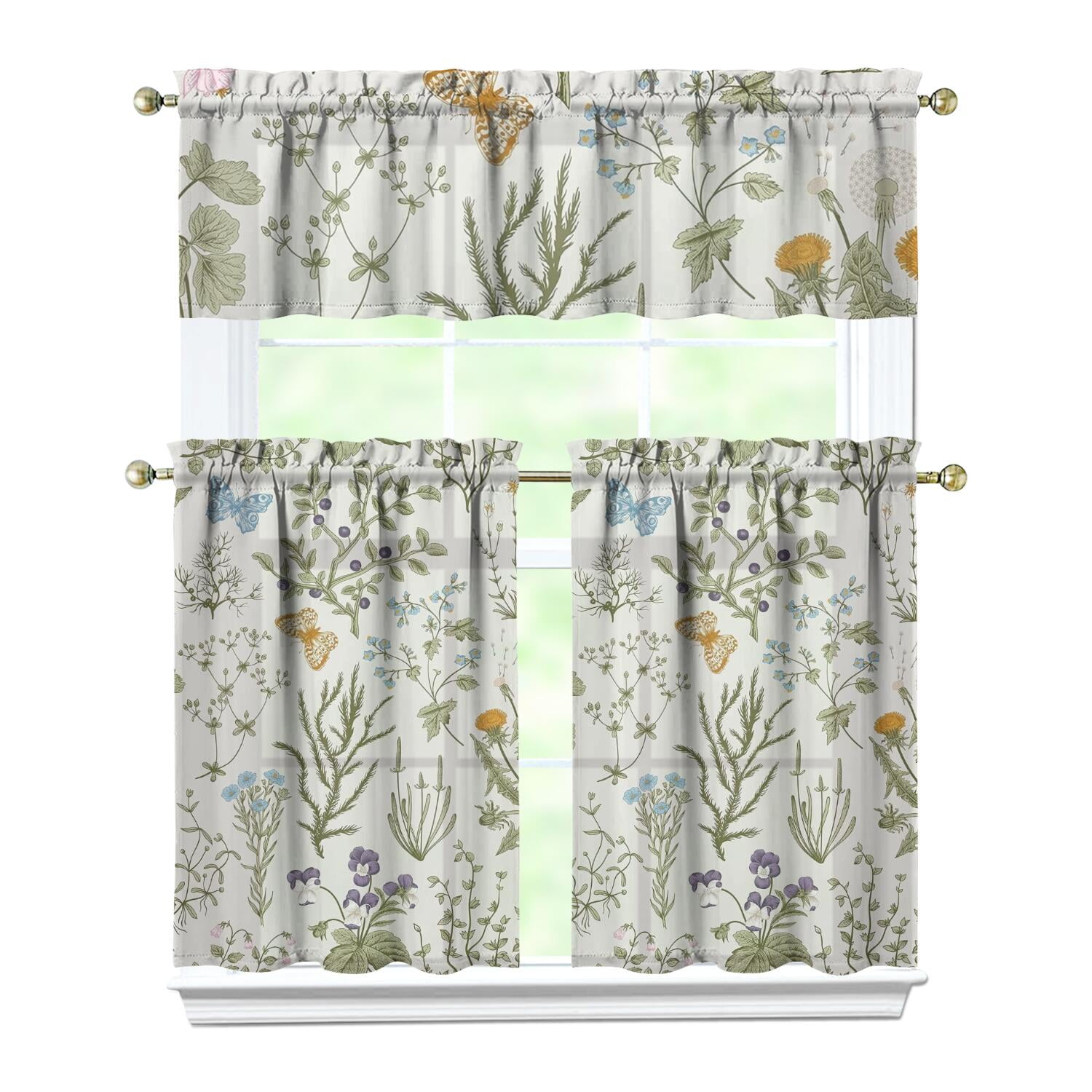 Floral and Skull Kitchen Curtains 3-Piece Set Semi-Sheer Farmhouse ...