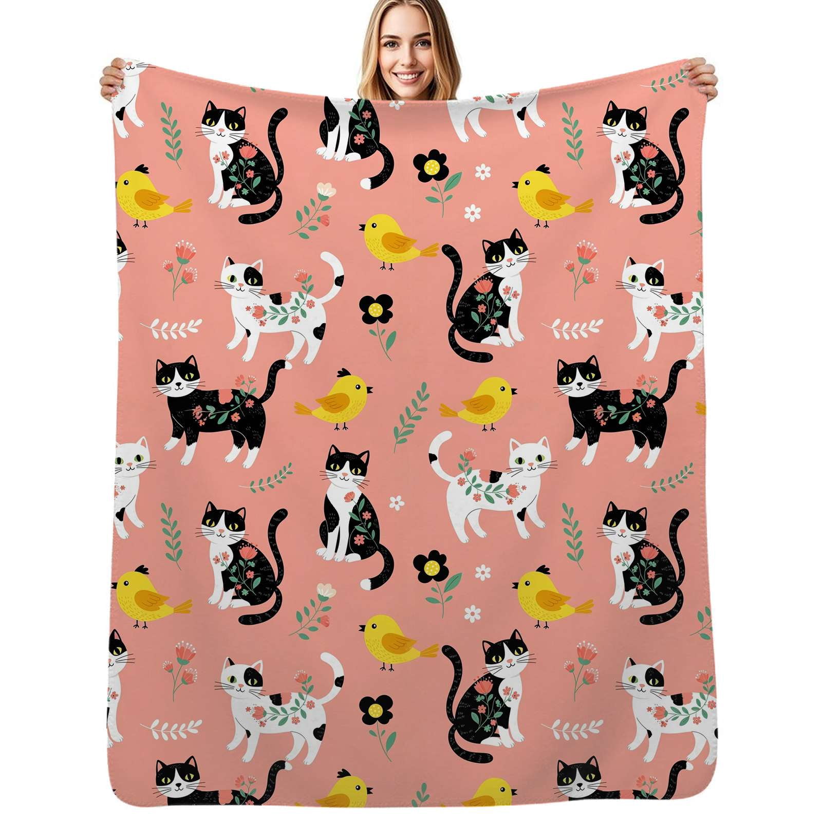 Floral cats birds pretty pink pattern Flannel Blankets Soft Warm Throw ...