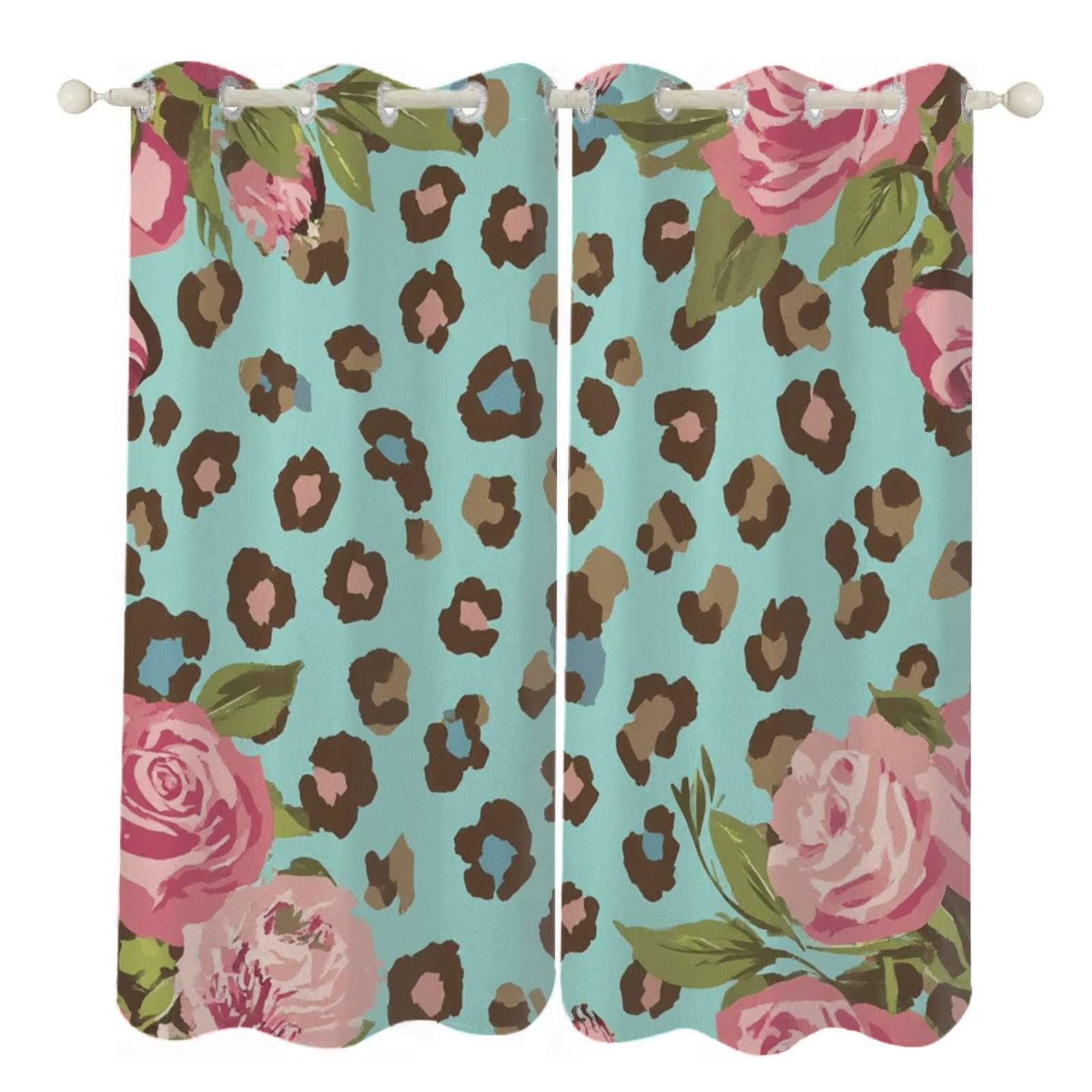 Floral leopard print teal background Sunshade Curtains Home Bedroom ...