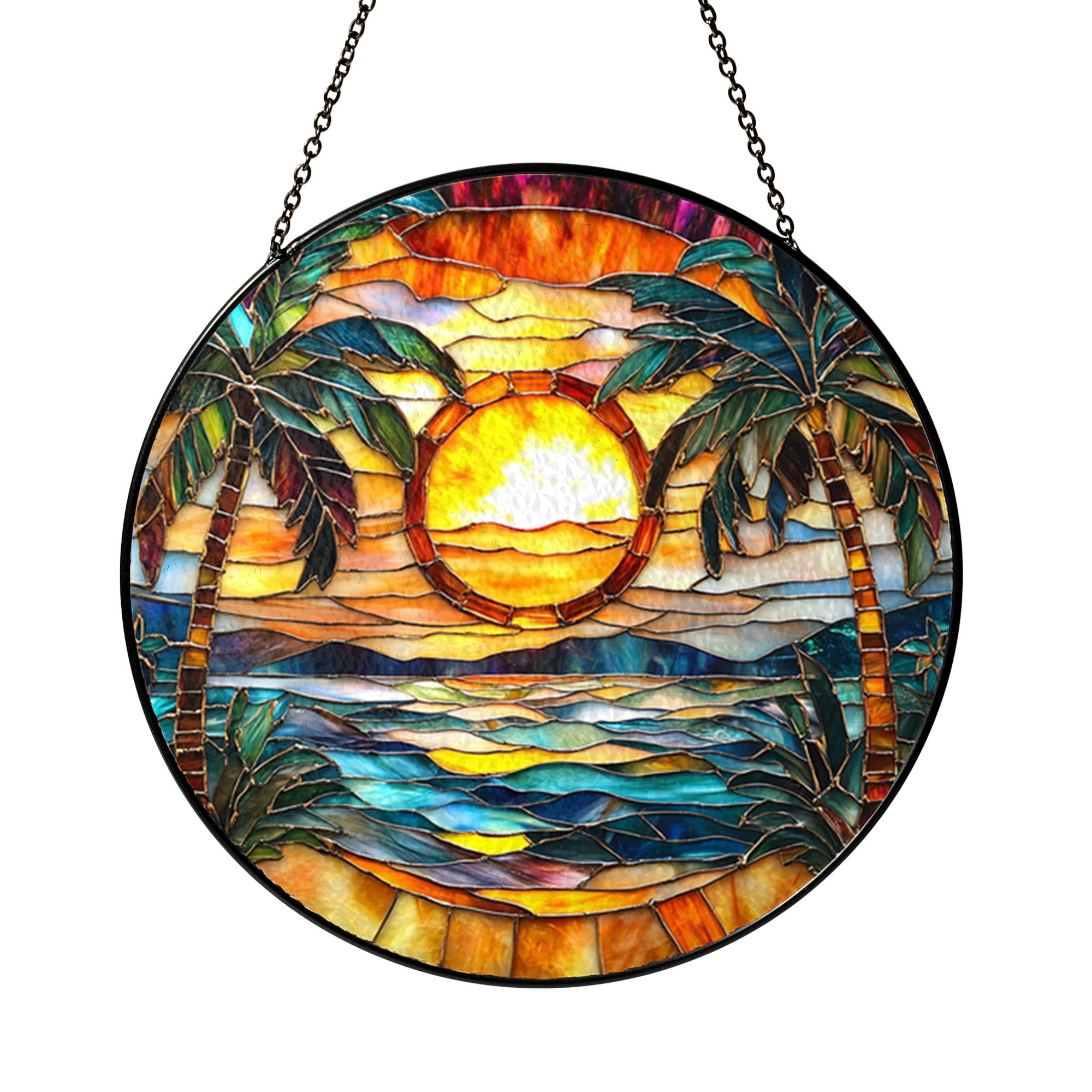 Floral mountain landscape stained style panel, nature themed window ...