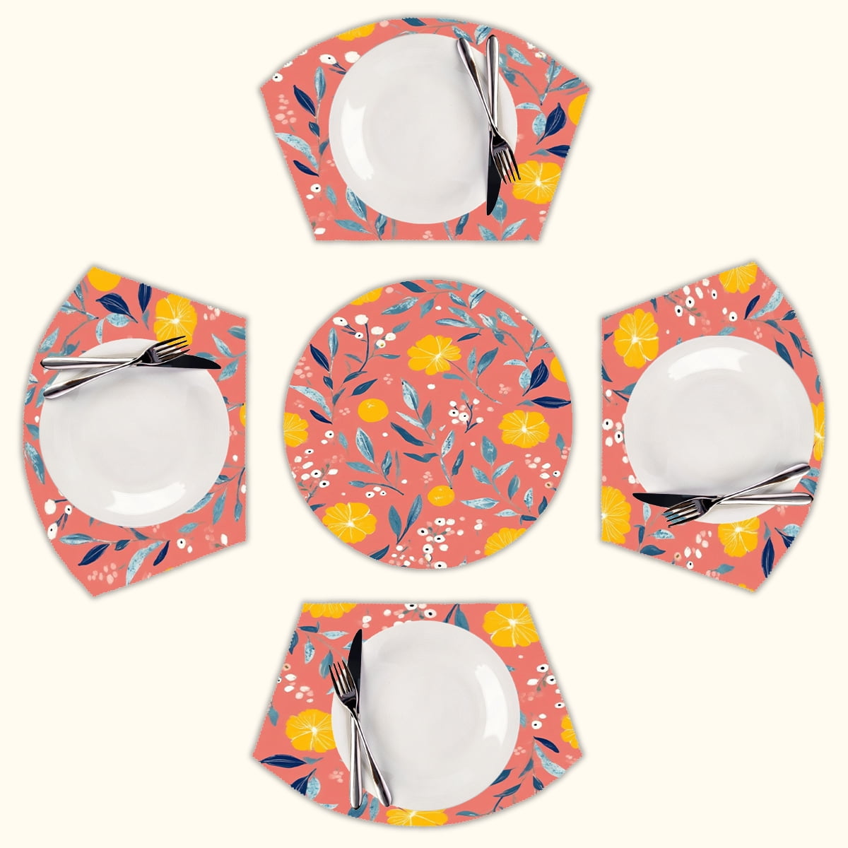 Floral orange coral pattern design Round Table Placemats Set Of 5 Wedge ...