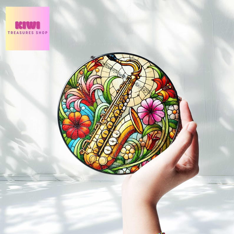 Floral saxophone GLASS Suncatcher Hanging saxophone player gift Window ...