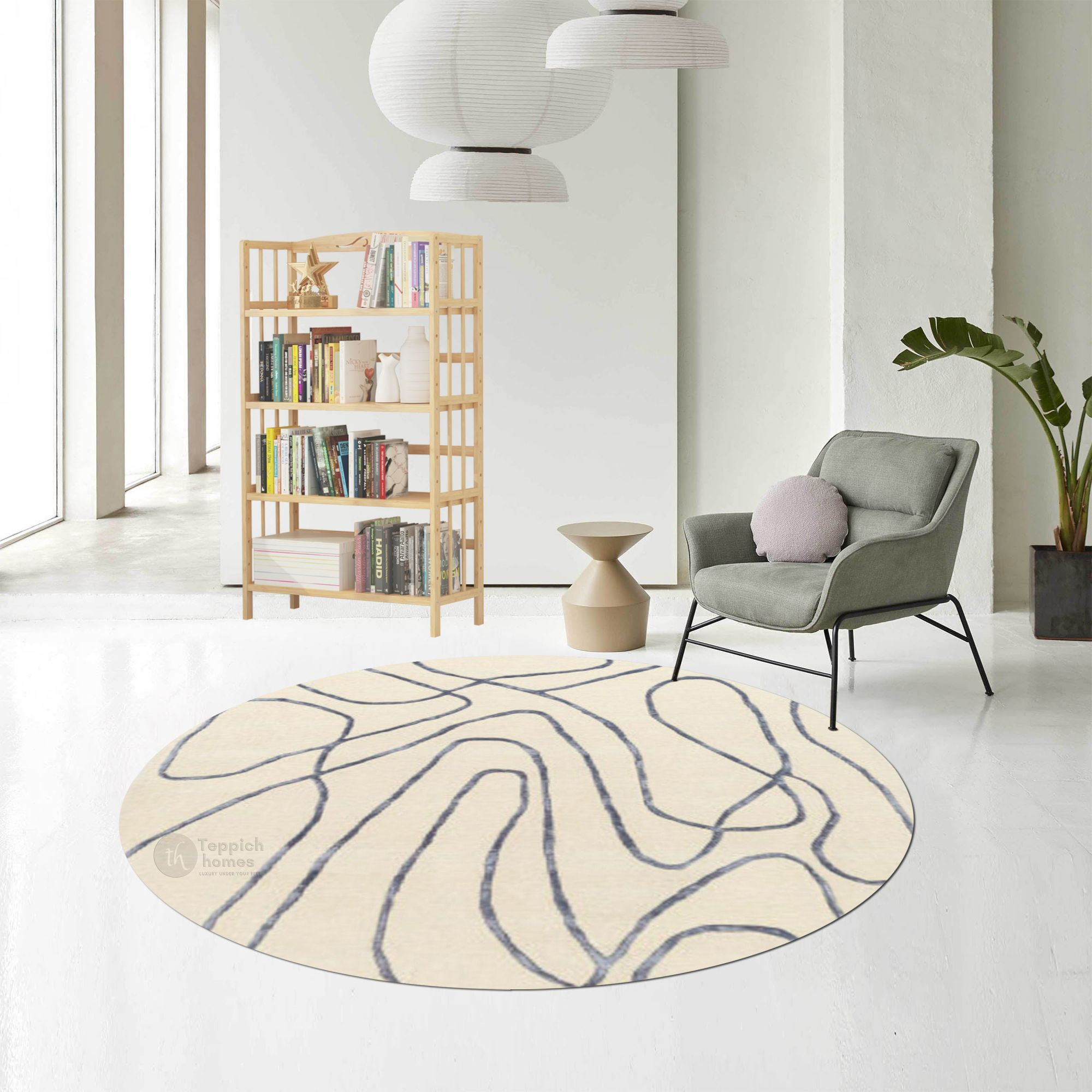 7X7 Wool Rug, Cream color, Living, Kids, room, Round Carpet, Geometric ...