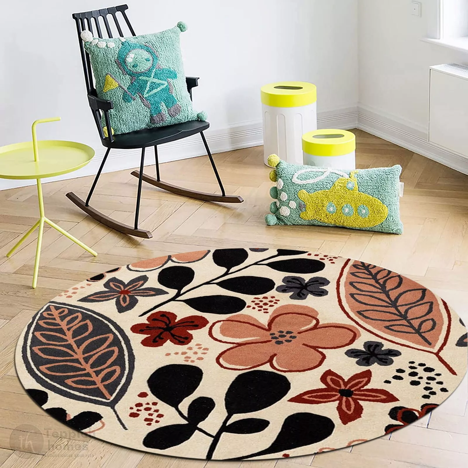 Floral tufted rug 8x8, 7x7, 6x6, Handmade carpet, Beige wool Rug, Round ...