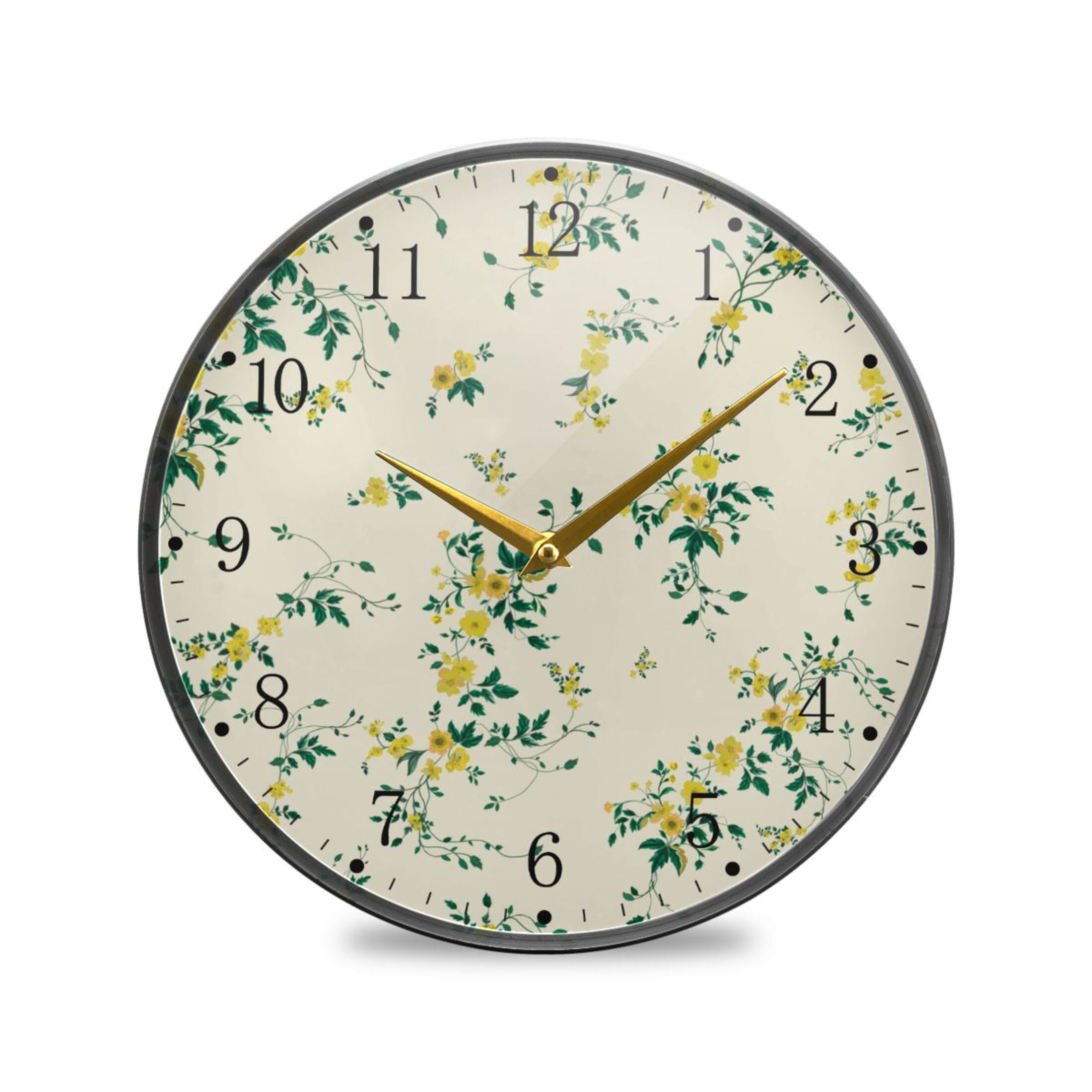 Floral with Green Leaf Acrylic Wall Clocks Quiet Round Clock Battery ...