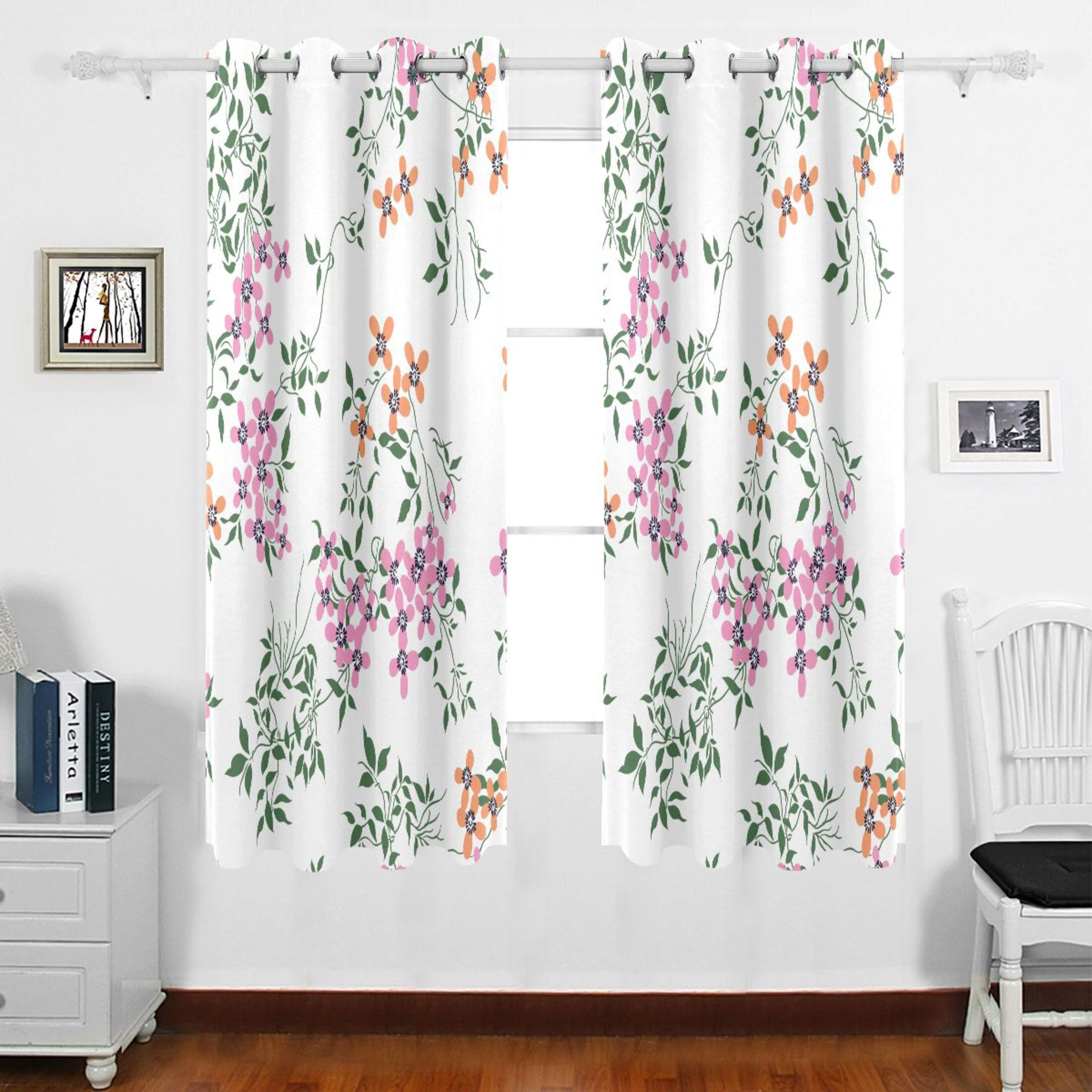 Floral with Leaf Grommet Blackout Curtains Thermal Insulated Window Curtain Sets for Bedroom ...