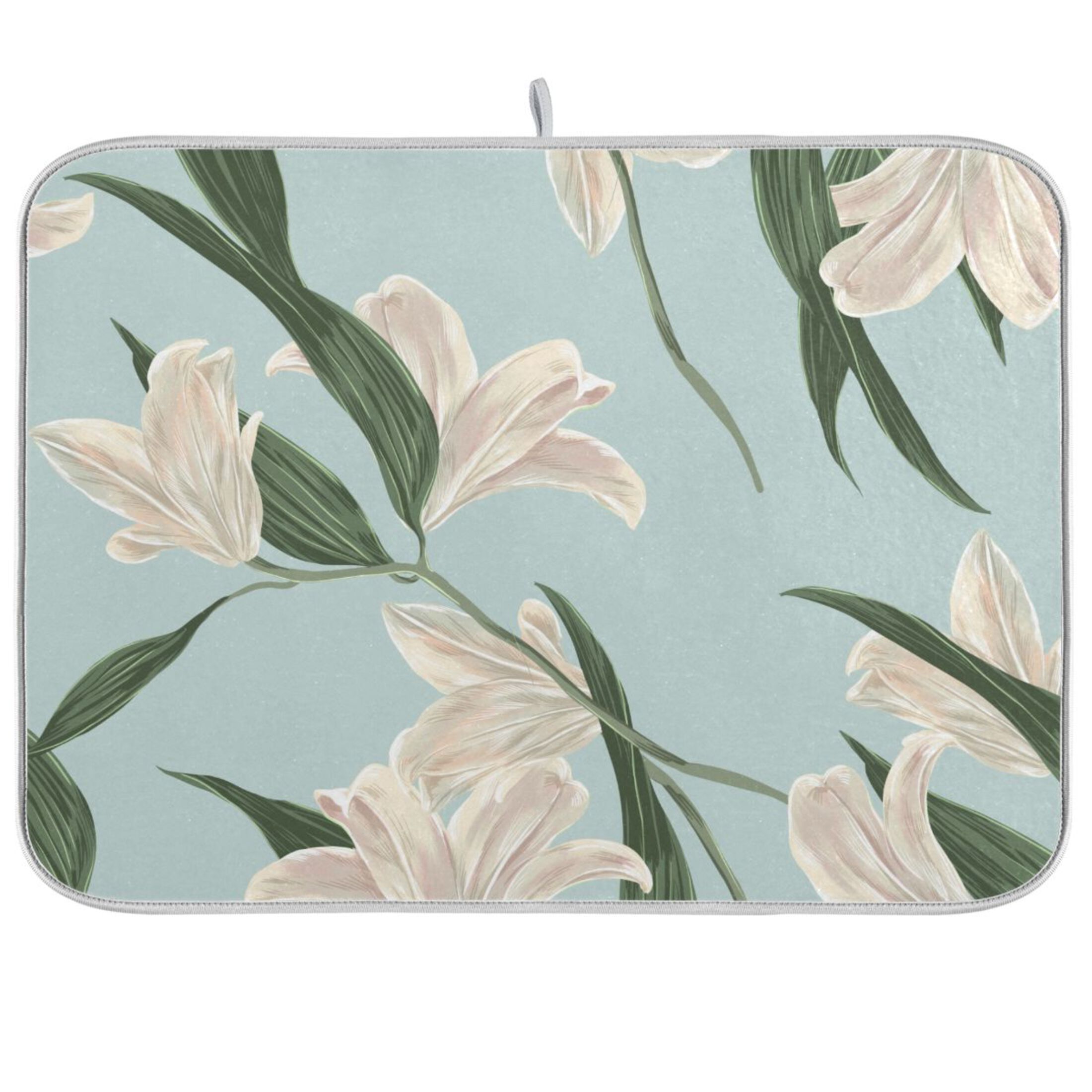 Floral with White Lilies on Turquoise Dish Drying Mat Microfiber ...