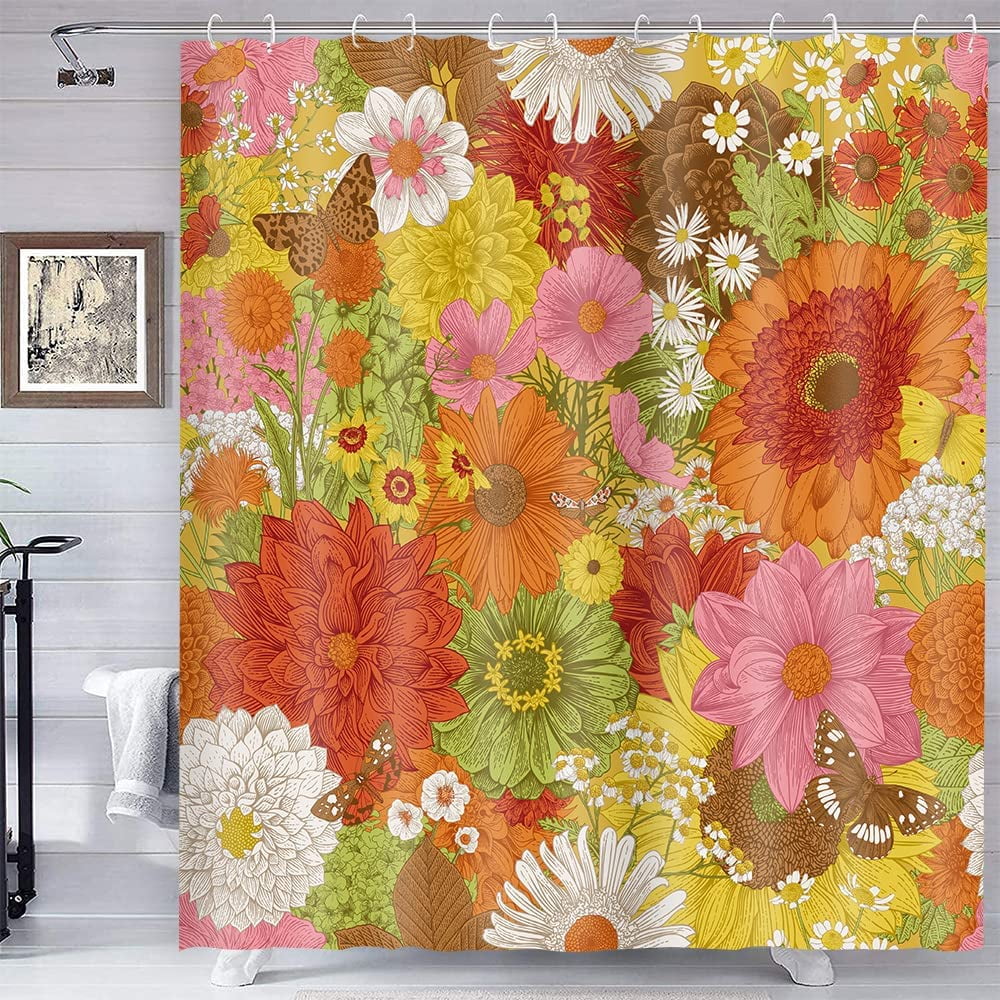 FloralShower Curtain Set, 70s Retro Boho Shower Curtains ,Funky Vintage ...