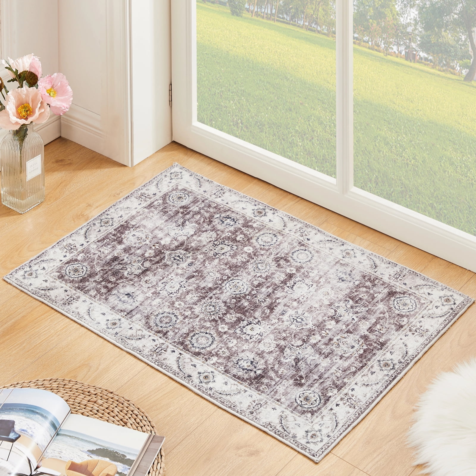 Floralux Small Flat Weave Gray Taupe/Multi Area Rug, 2x3ft, Fade ...