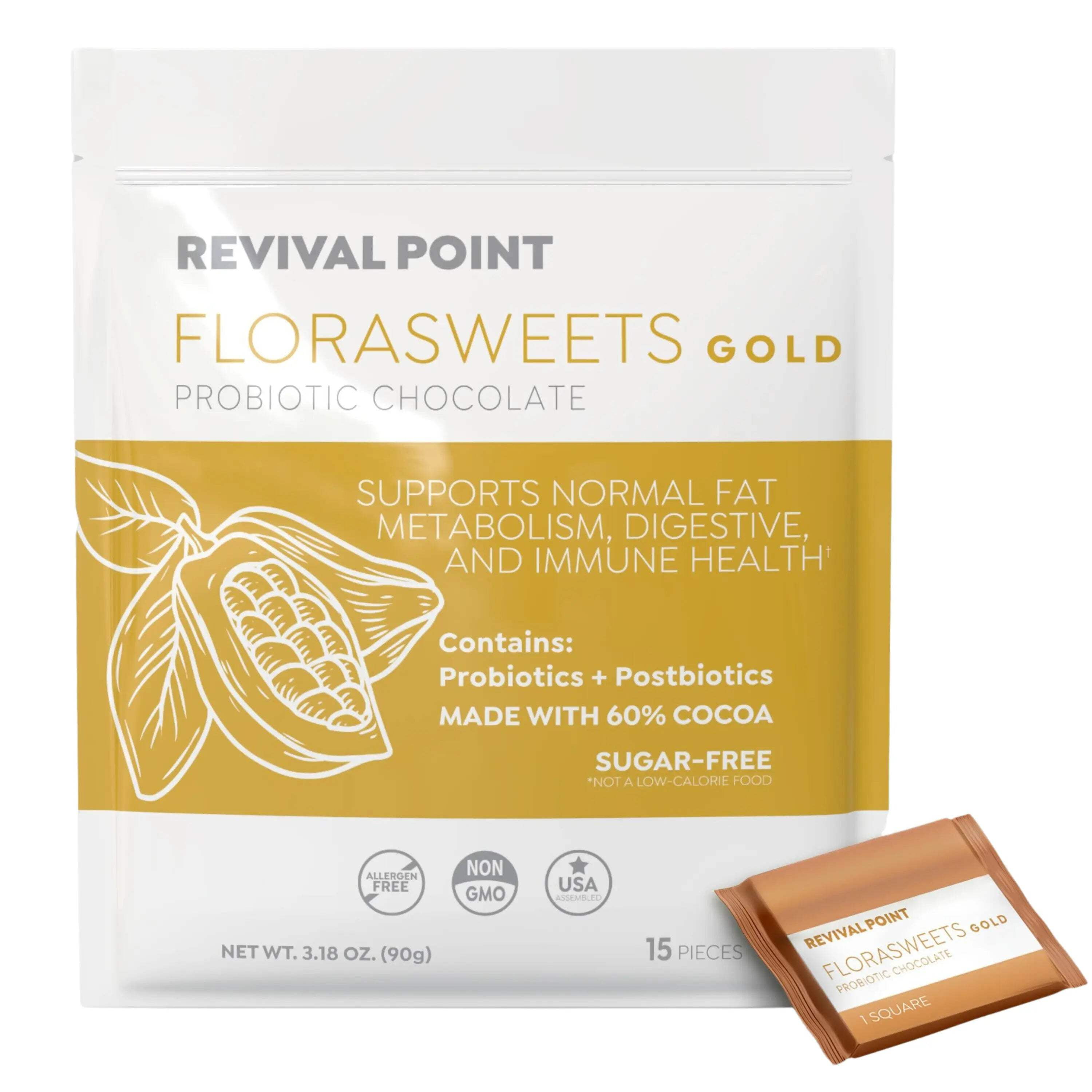 Florasweets Gold Probiotic & Postbiotic Chocolate (15 Million CFU) - Digestive Health - Revival ...