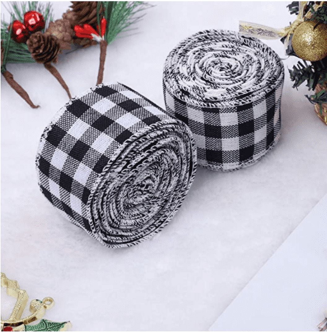 FloreceBien 2 Rolls Plaid Burlap Ribbon Wired Christmas Ribbon Wrapping ...