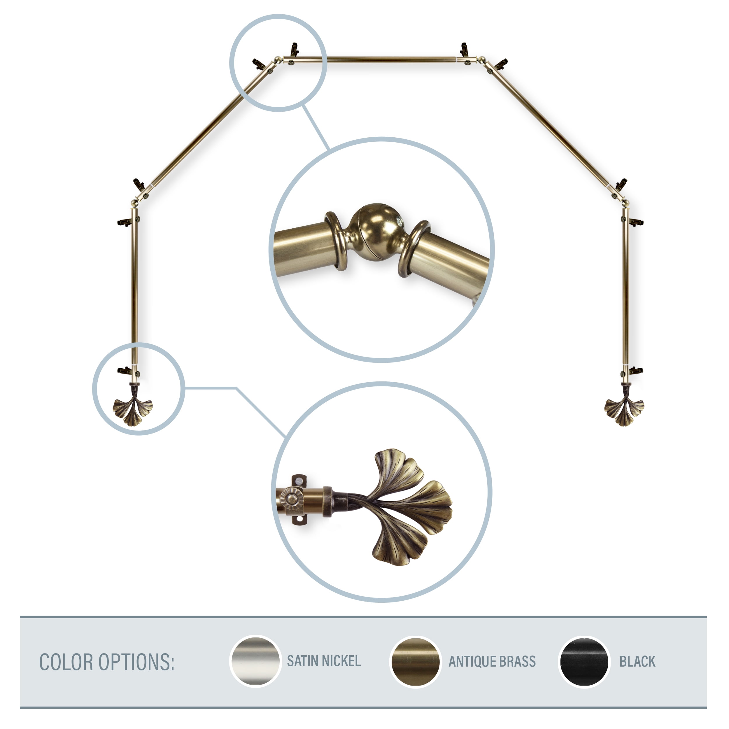 Florence 13/16" 5-Sided Bay Window Curtain Rod - Antique Brass ...