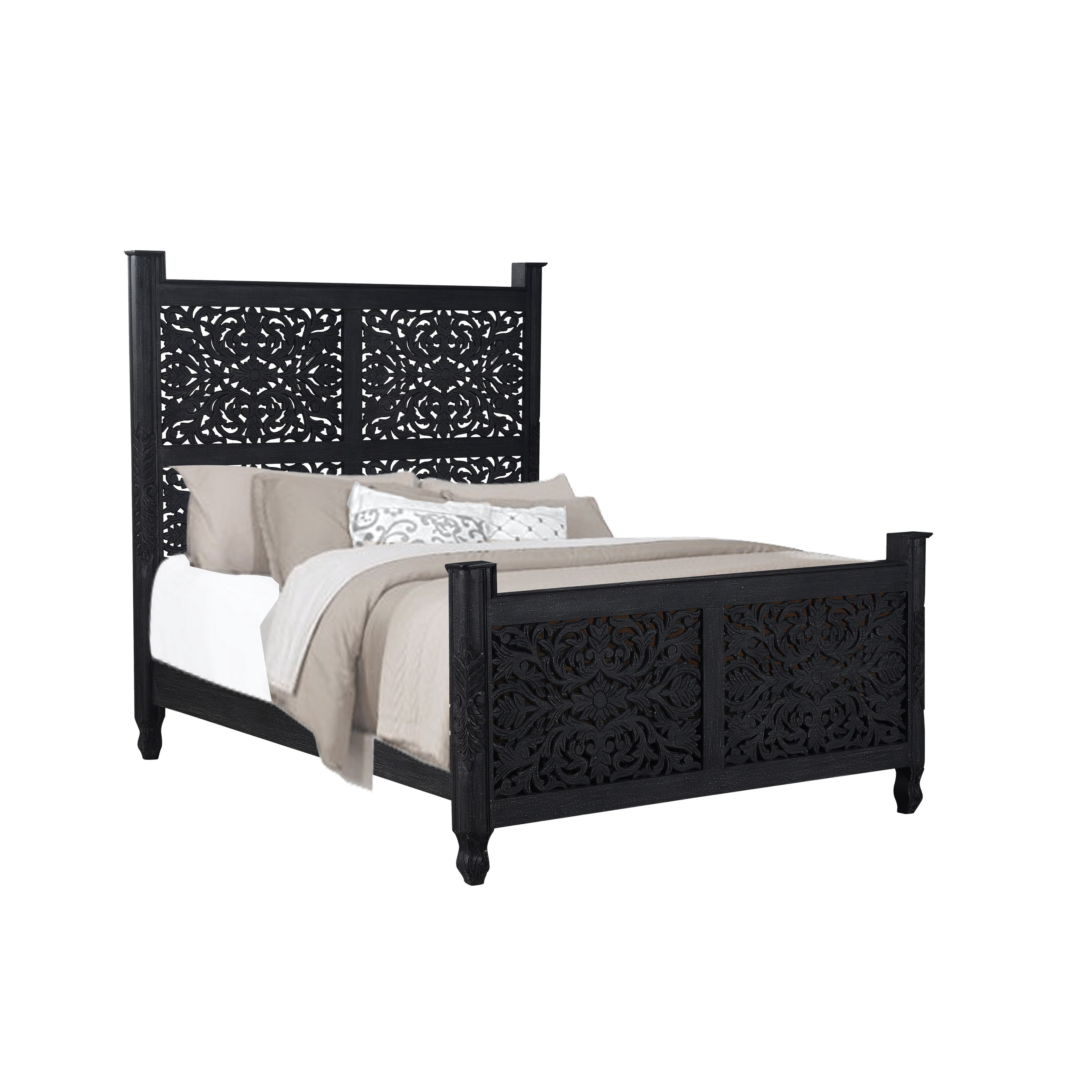 Taran Designs Monte Floral Carved Solid Wood Queen Panel Bed in ...