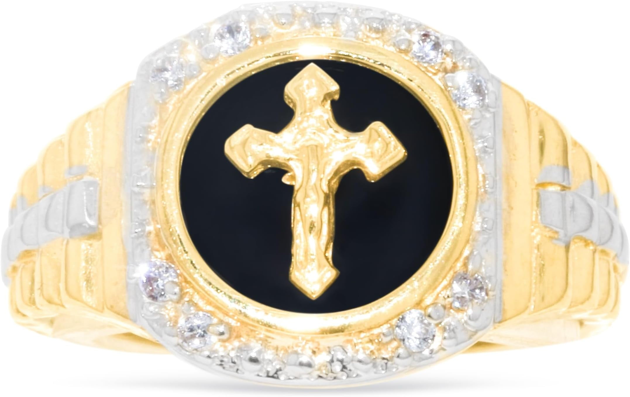 Floreo 10k Yellow Gold 14mm Jesus Crucifix Cross Onyx Railroad CZ ...