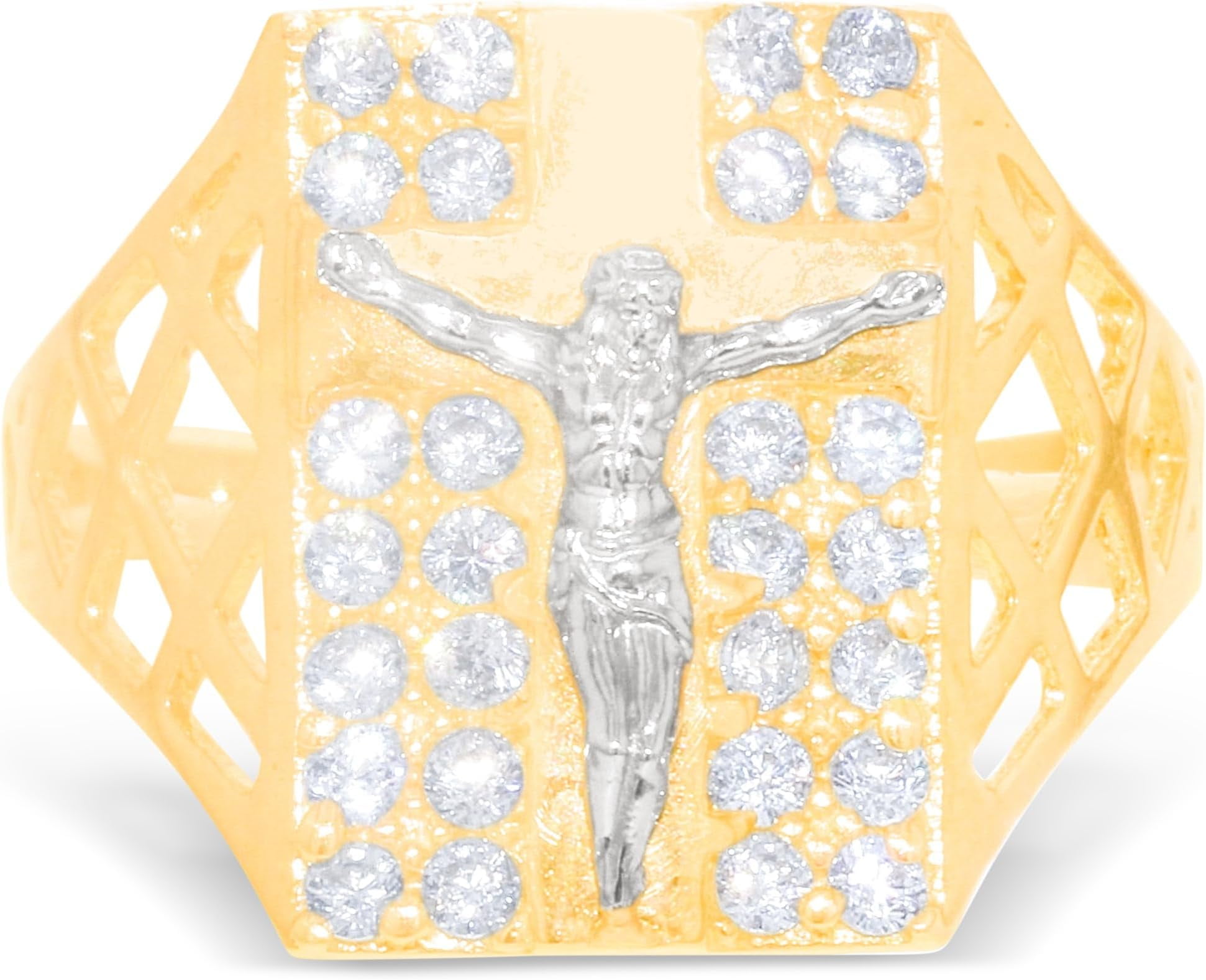 Floreo 10k Yellow Gold 17mm Two-Tone Jesus Cross Crucifix CZ Openwork Men's Ring, Sizes 5 - 13 ...
