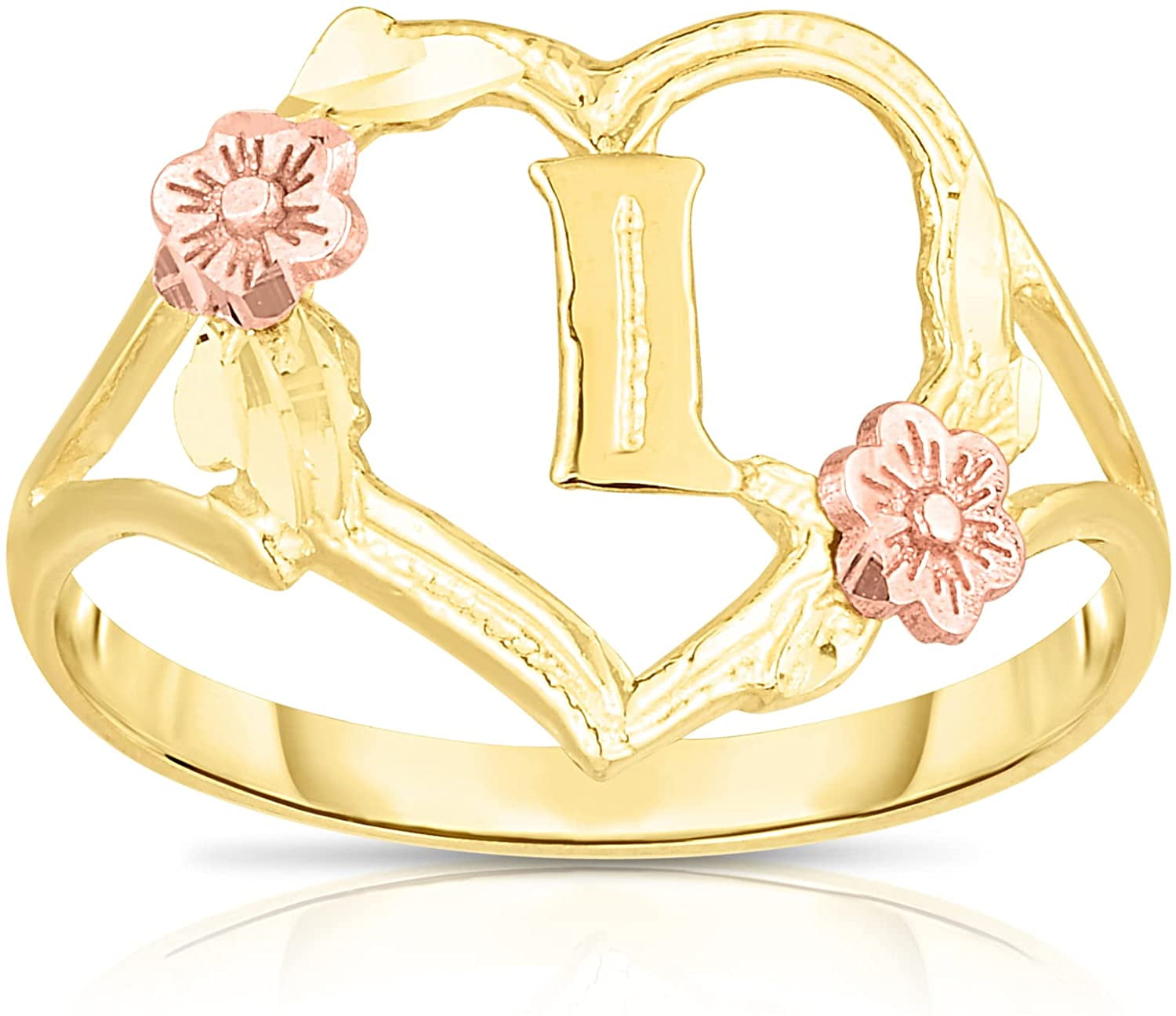 Floreo 10k Yellow Gold A-Z Letter Initial Ring with Heart and Rose Gold ...