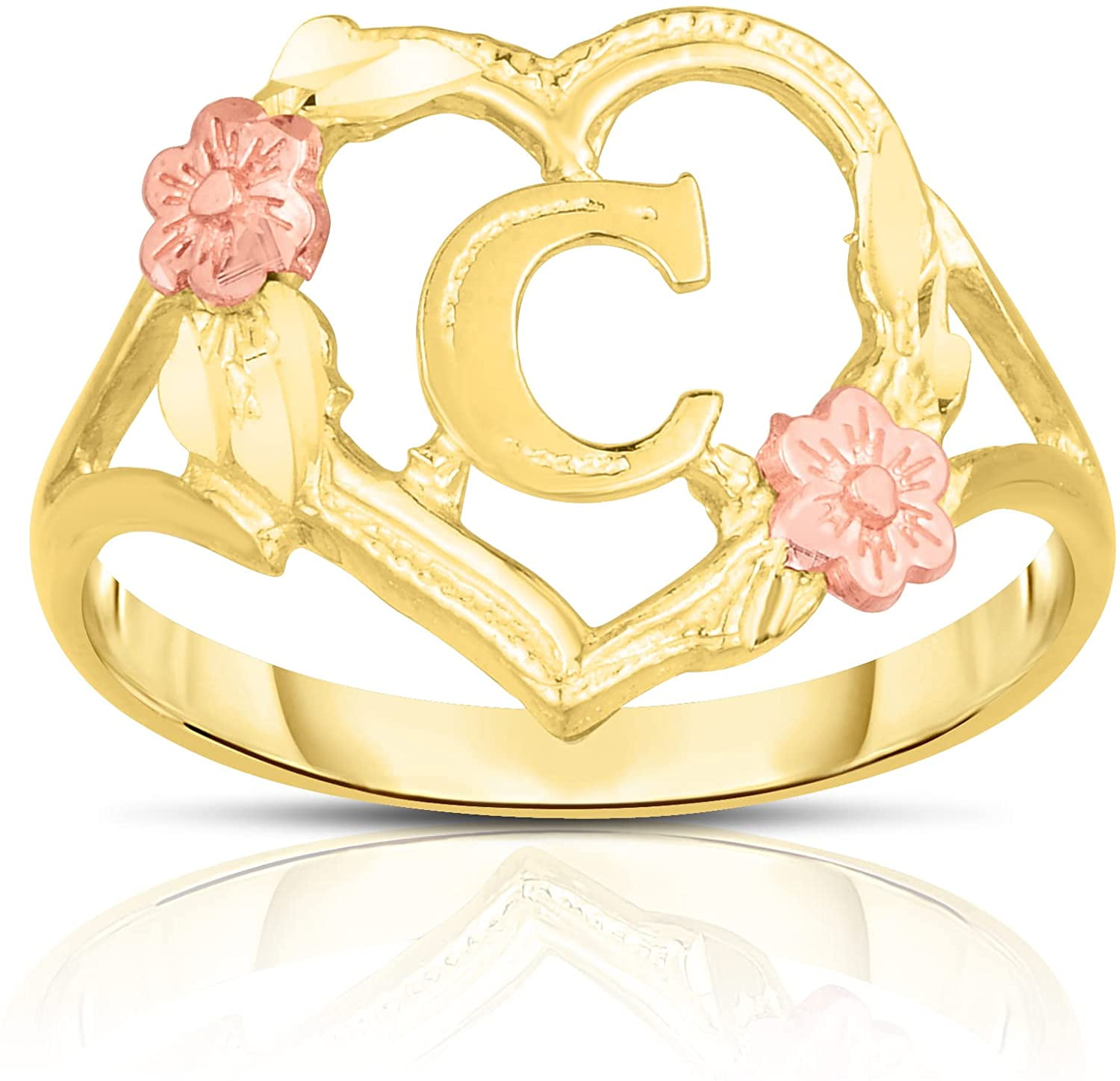 Floreo 10k Yellow Gold A-Z Letter Initial Ring with Heart and Rose Gold ...