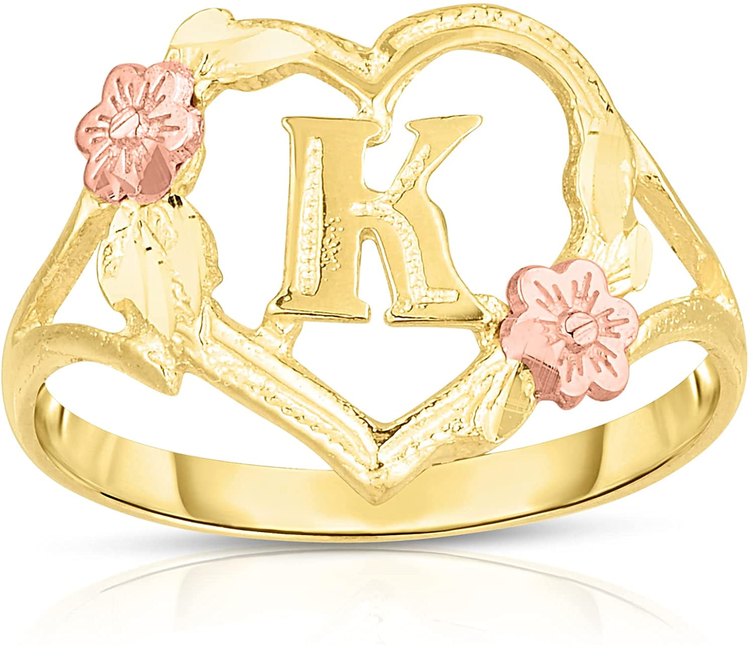 Floreo 10k Yellow Gold A-Z Letter Initial Ring with Heart and Rose Gold ...
