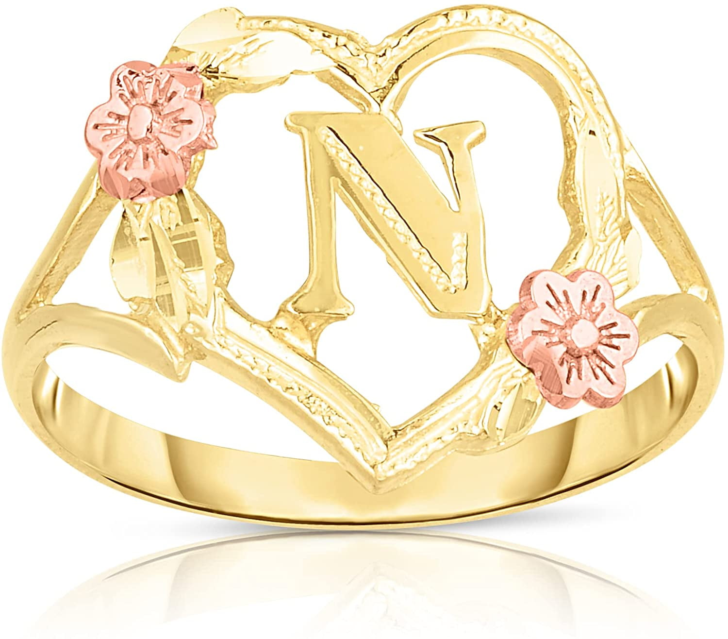 Floreo 10k Yellow Gold A-Z Letter Initial Ring with Heart and Rose Gold ...
