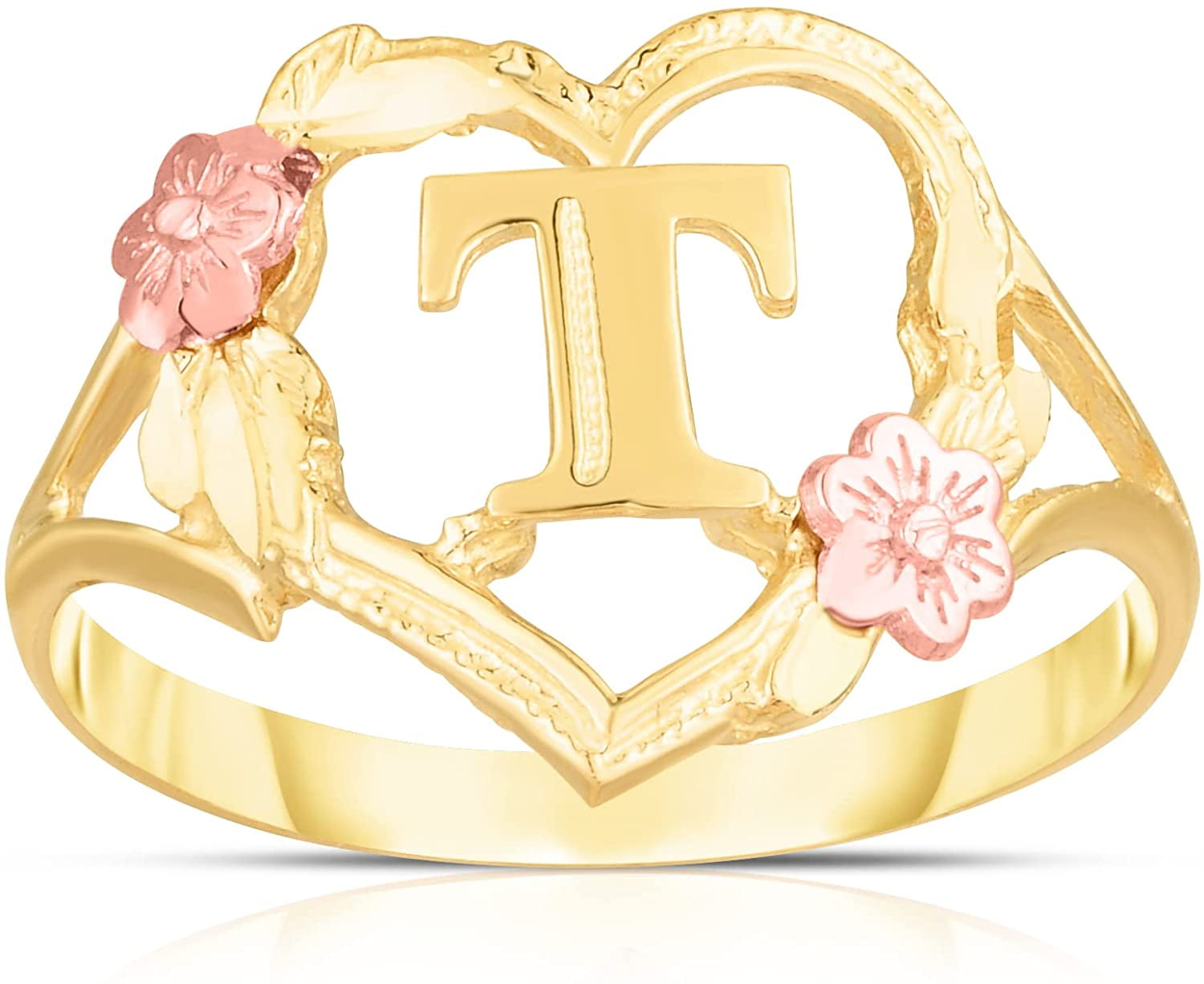 Floreo 10k Yellow Gold A-Z Letter Initial Ring with Heart and Rose Gold ...