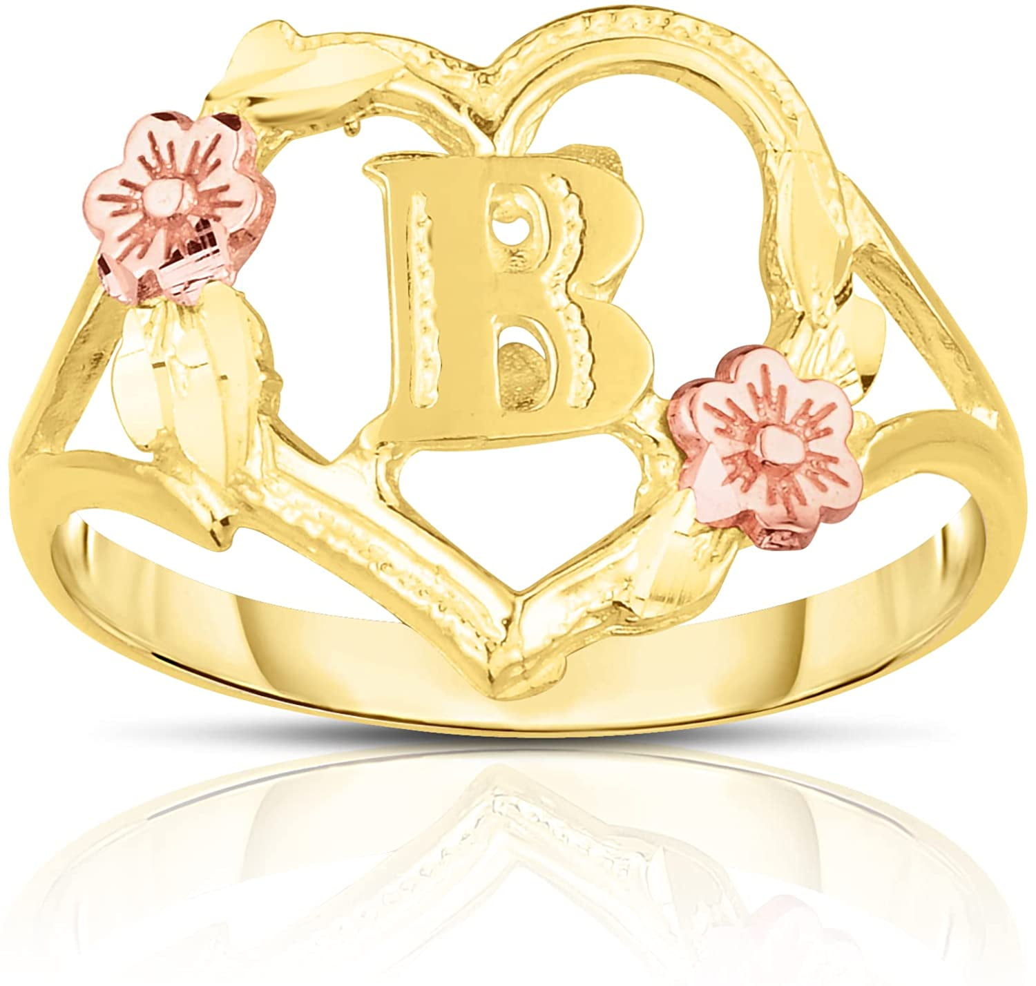 Floreo 10k Yellow Gold A-Z Letter Initial Ring with Heart and Rose Gold ...