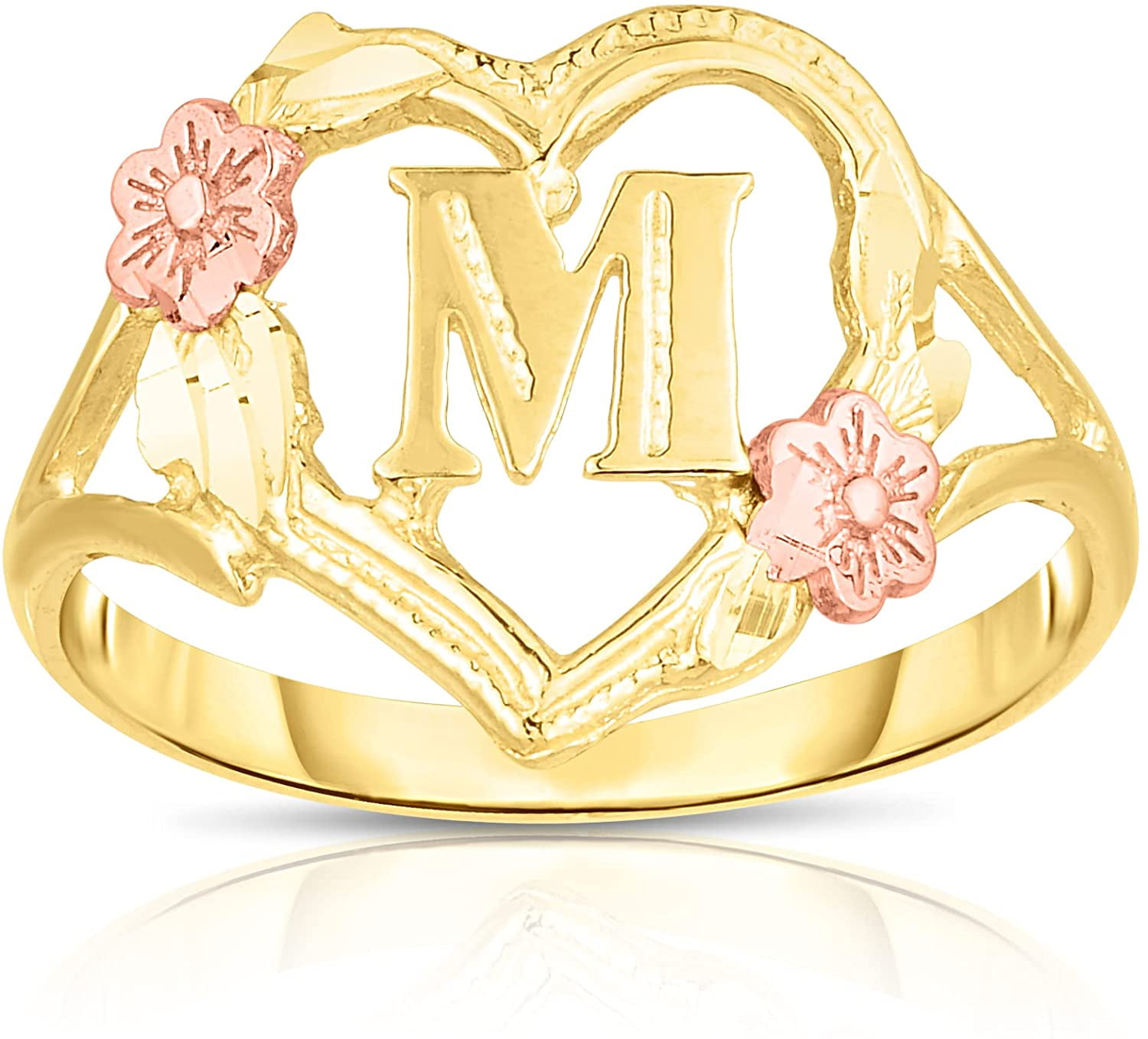 Floreo 10k Tri-Tone Gold Initial Ring with Heart & Rose Flower Design ...