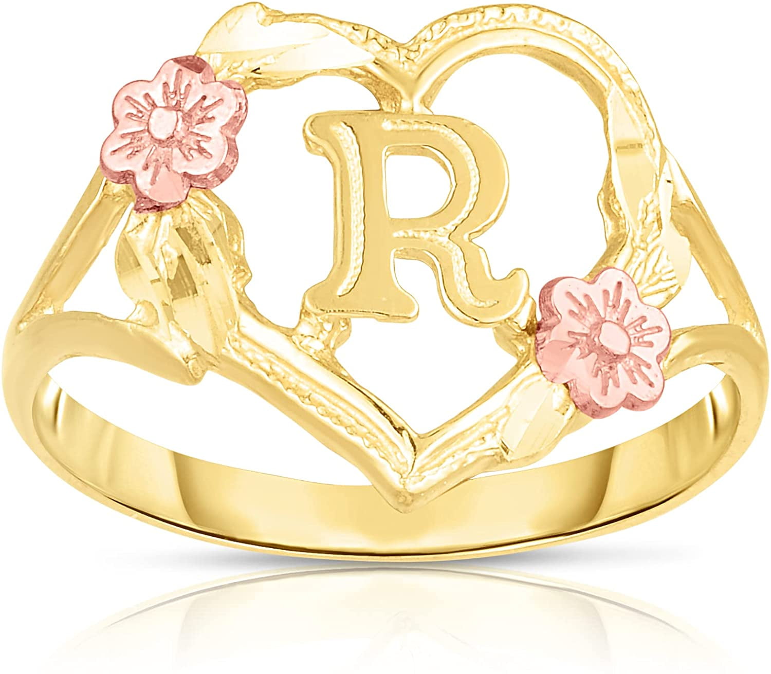 Floreo 10k Yellow Gold A-Z Letter Initial Ring with Heart and Rose Gold ...