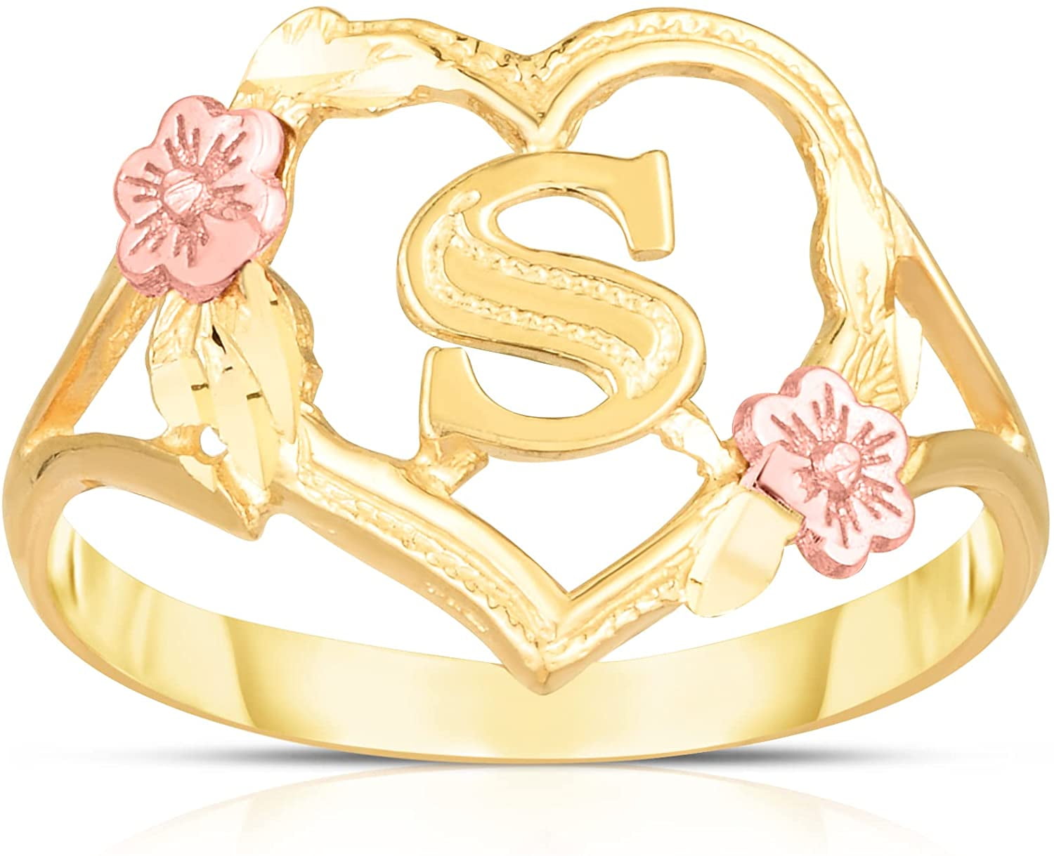 Floreo 10k Yellow Gold A-Z Letter Initial Ring with Heart and Rose Gold ...