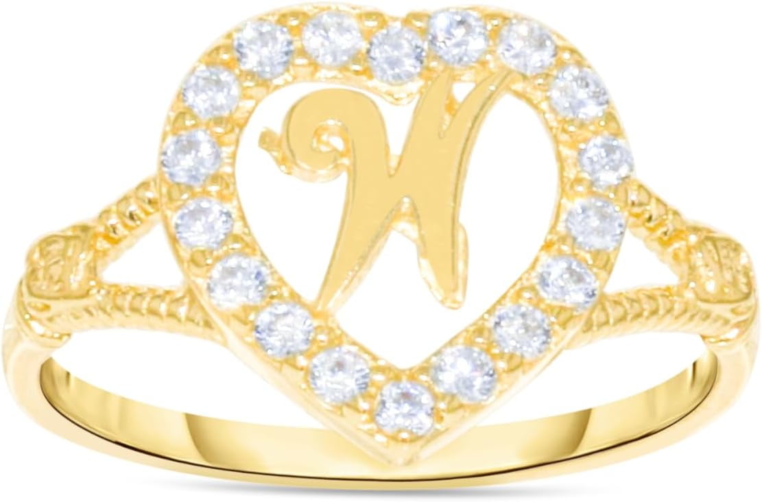 Floreo 10k Yellow Gold CZ Heart Cursive Alphabet A-Z Initial Ring ...