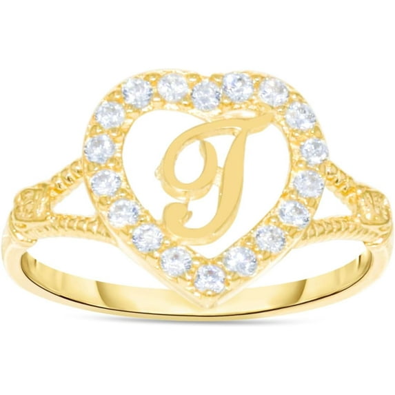 Floreo 10k Yellow Gold CZ Heart Cursive Alphabet A-Z Initial Ring ...