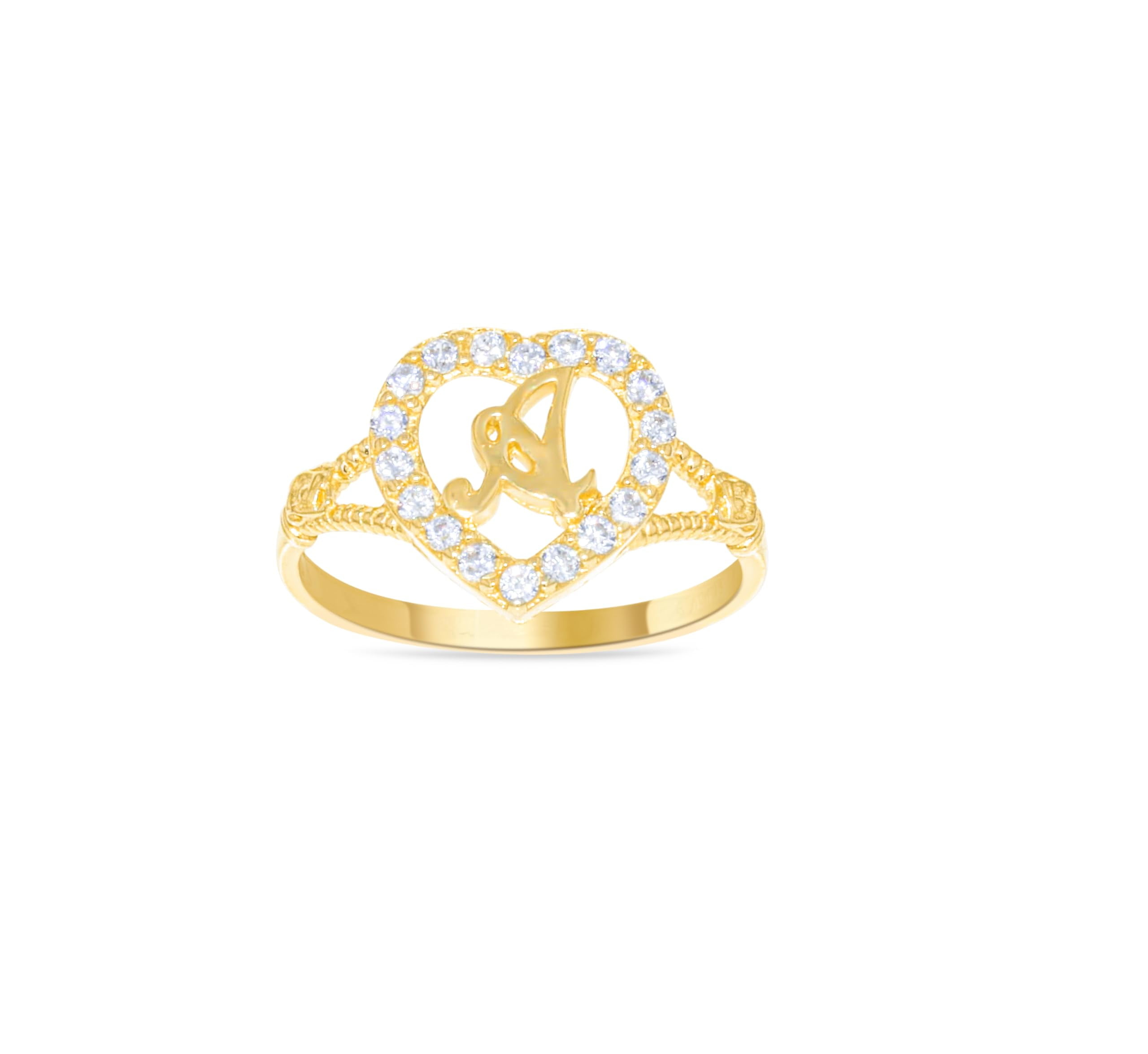 Floreo 10k Yellow Gold CZ Heart Cursive Alphabet Initial A Ring ...