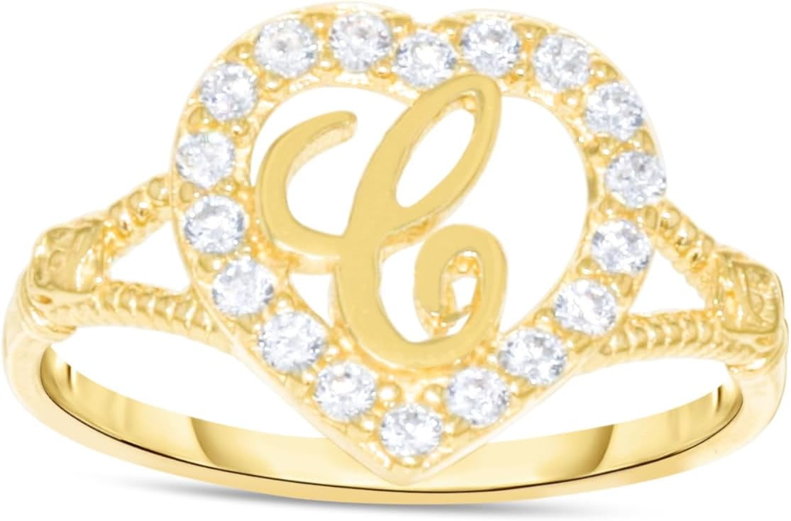 Floreo 10k Yellow Gold CZ Heart Cursive Alphabet A-Z Initial Ring ...