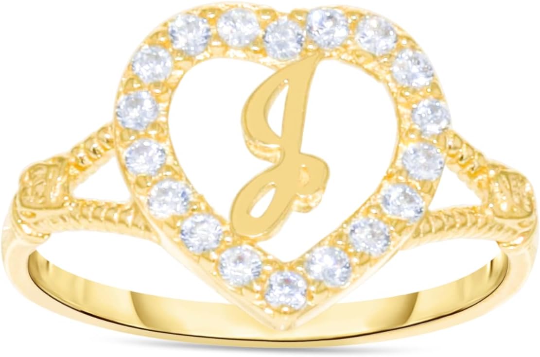 Floreo 10k Yellow Gold CZ Heart Cursive Alphabet A-Z Initial Ring ...
