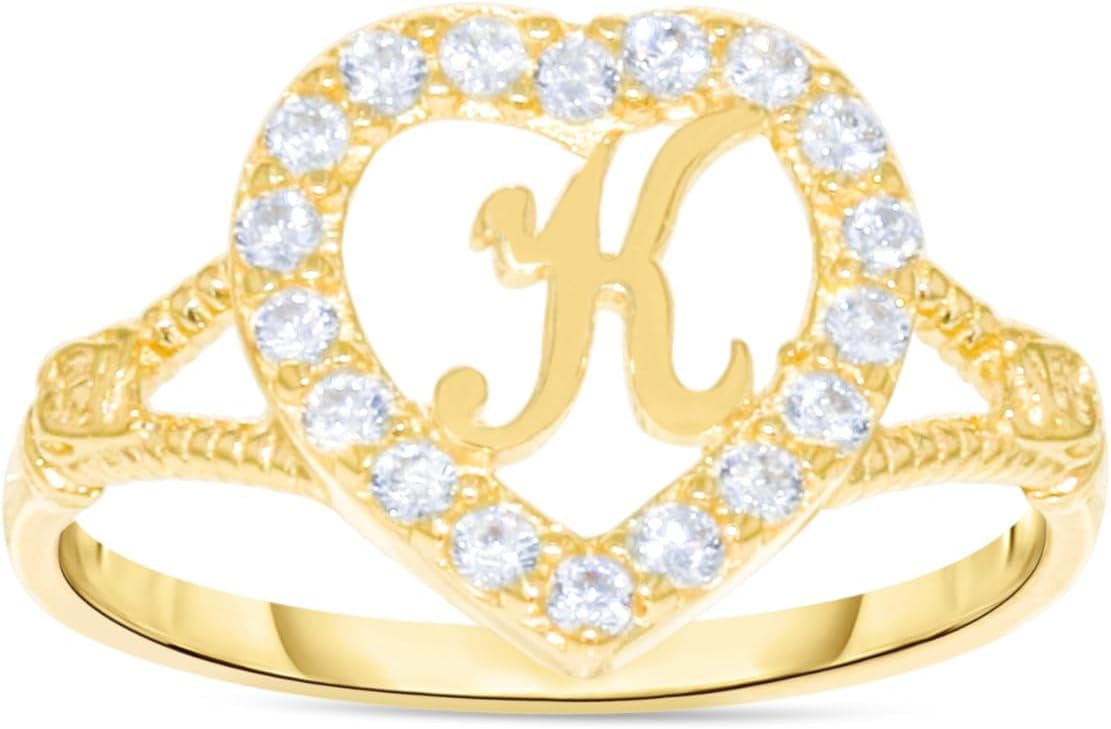 Floreo 10k Yellow Gold CZ Heart Cursive Alphabet A-Z Initial Ring ...