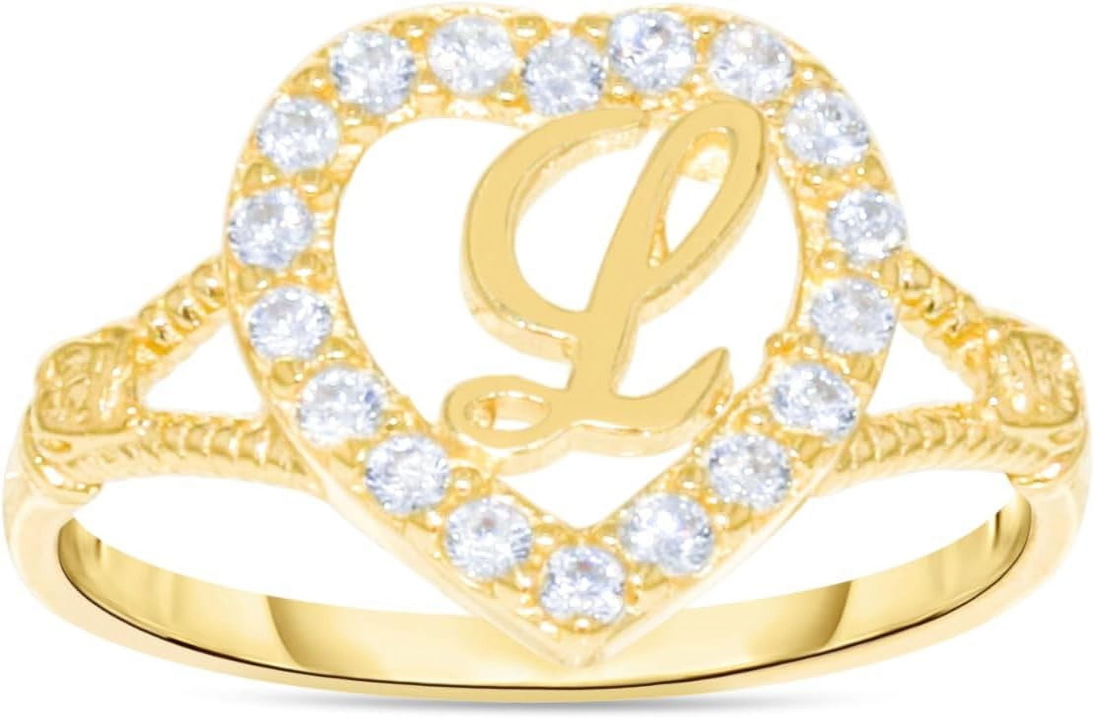 Floreo 10k Yellow Gold CZ Heart Cursive Alphabet A-Z Initial Ring ...