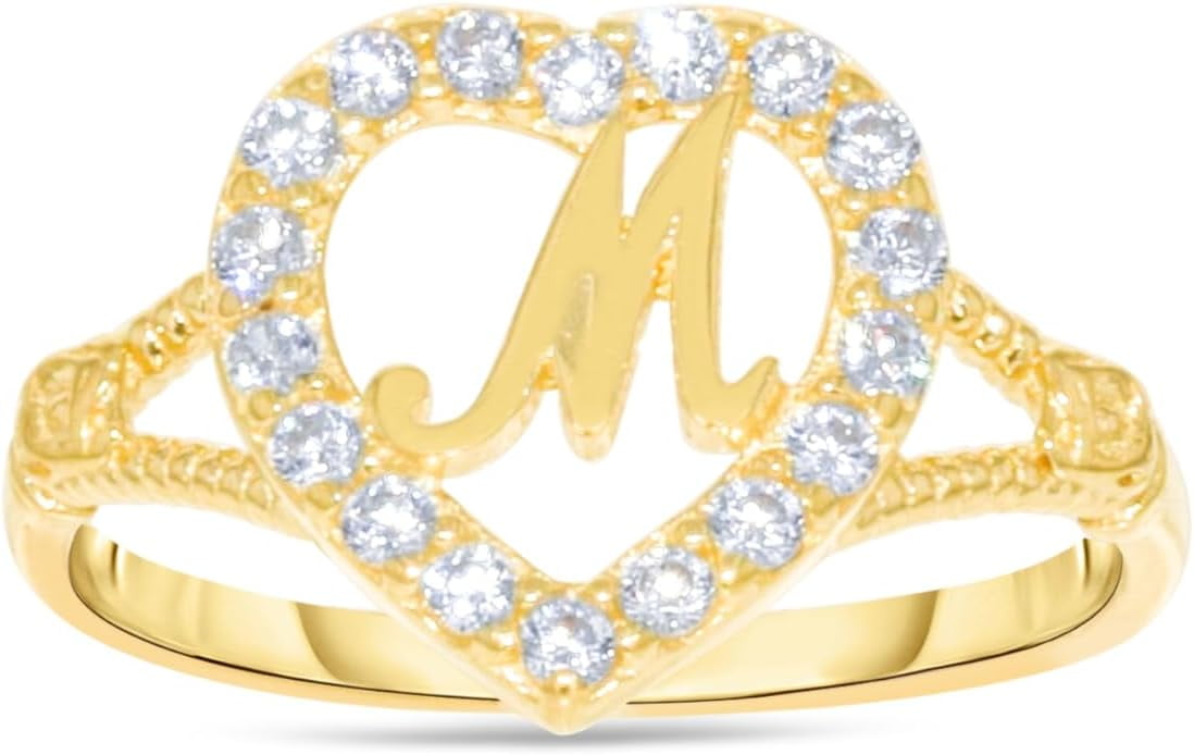 Floreo 10k Yellow Gold CZ Heart Cursive Alphabet A-Z Initial Ring ...