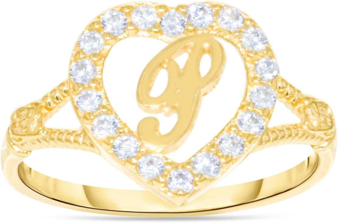 Floreo 10k Yellow Gold CZ Heart Cursive Alphabet A-Z Initial Ring ...